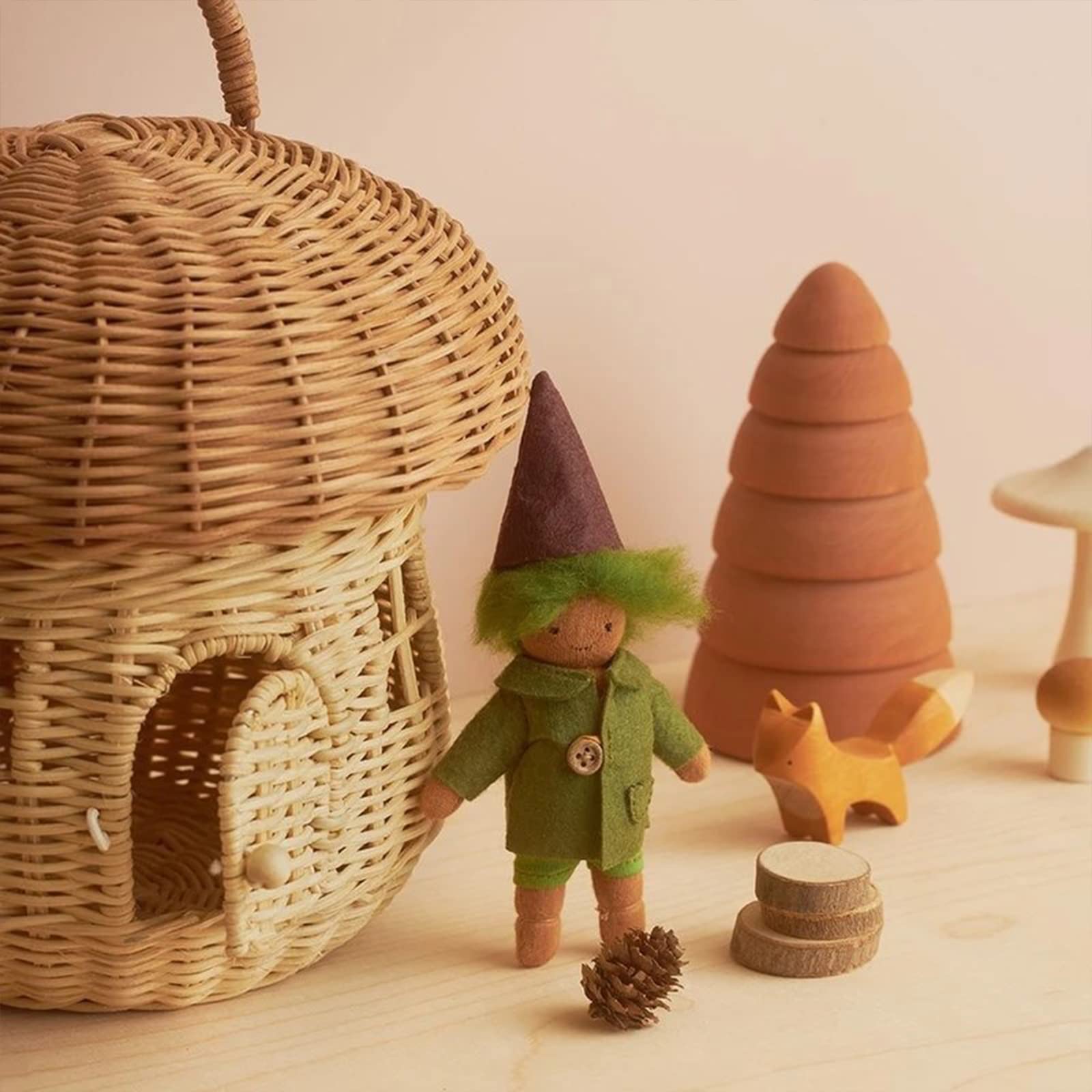 Wnvivi Mushroom Shape Rattan Storage Basket,Hand Woven Wicker Storage Bin with Handle and Lid,Cute Mushroom (25x25cm)