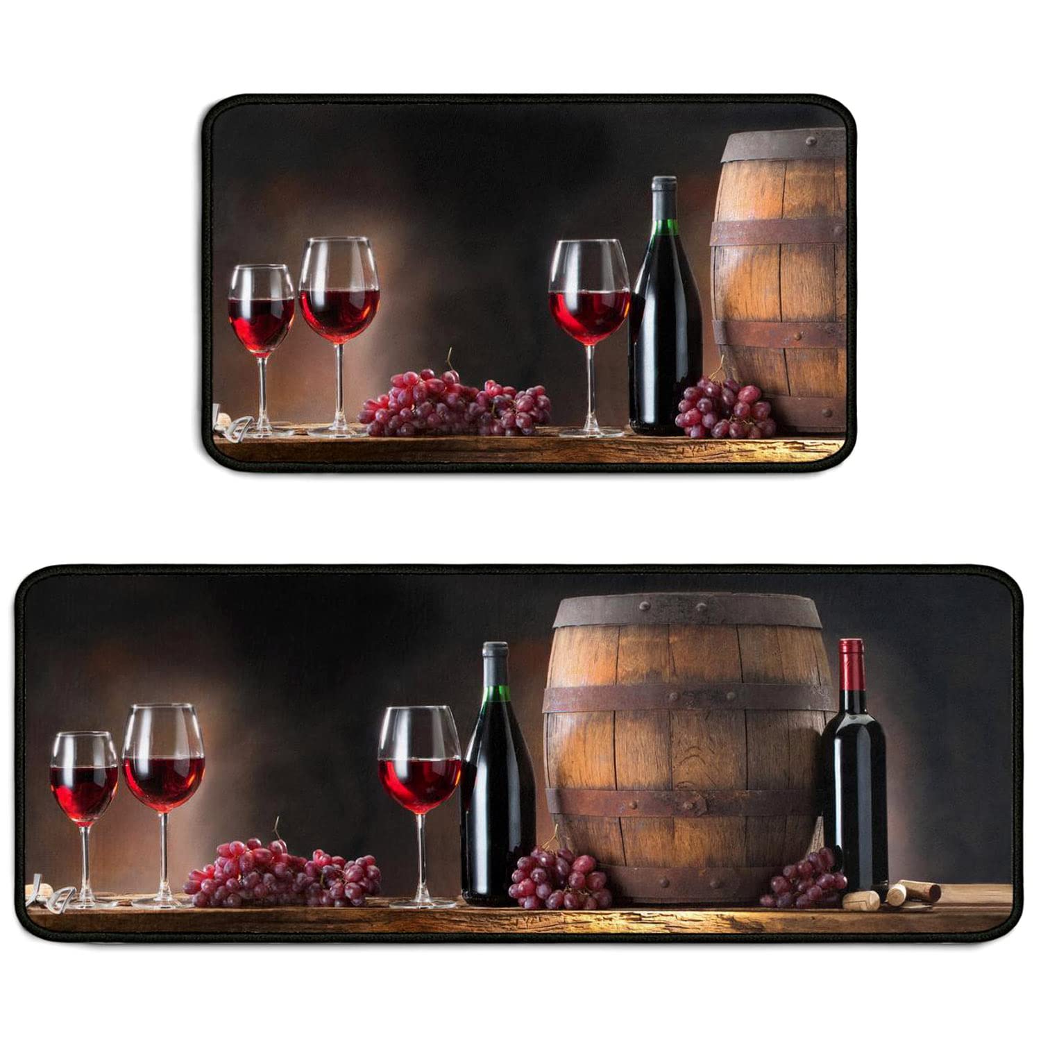 2 Piece Wine Kitchen Rug Set, 3D Wine Glasses Kitchen Rugs and Mats Non Skid Washable Absorbent Microfiber Kitchen Floor Decor Mat 17"x47"+17"x30"