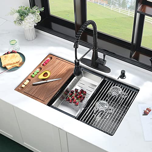 28 Black Undermount Kitchen Sink - iAnomla 28 Inch Black Stainless Steel Undermount Workstation Sink 16 Gauge Deep Single Bowl Matte Black Kitchen Sink with Cutting Board