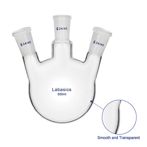 Labasics Glass 500ml 3 Neck Round Bottom Flask RBF, with 24/40 Center and Side Standard Taper Outer Joint, 500ml