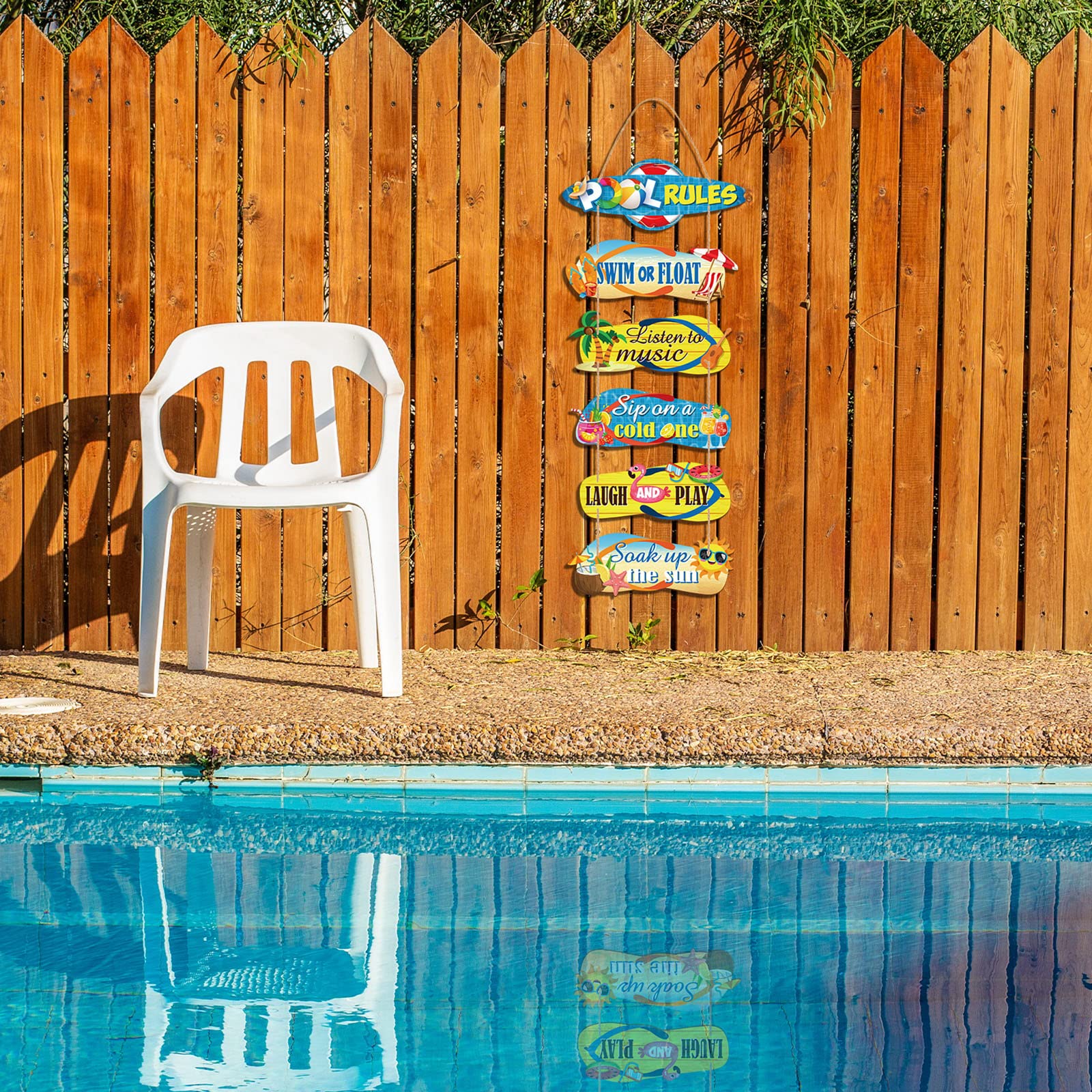 6 Pack Wooden Pool Rules Signs 4 x 11 Inch Summer Slippers Hanging Wooden Sign Outdoor Decorations for Swimming Pool Decor, Assemble by Yourself