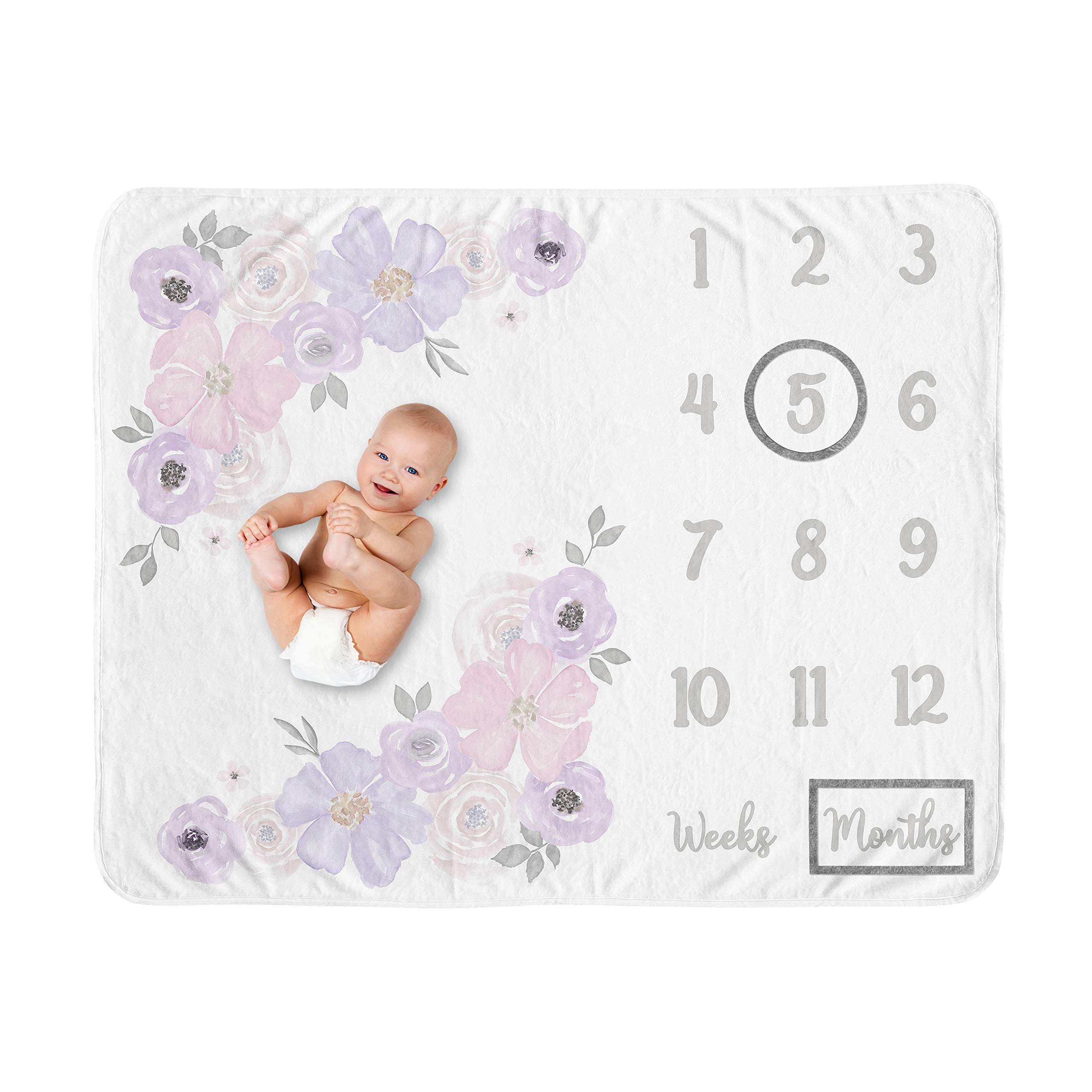 Sweet Jojo Designs Watercolor Floral Girl Milestone Blanket Monthly Newborn First Year Growth Mat Baby Shower Memory Keepsake Gift Picture - Lavender Purple, Pink and Grey Boho Shabby Chic Rose Flower