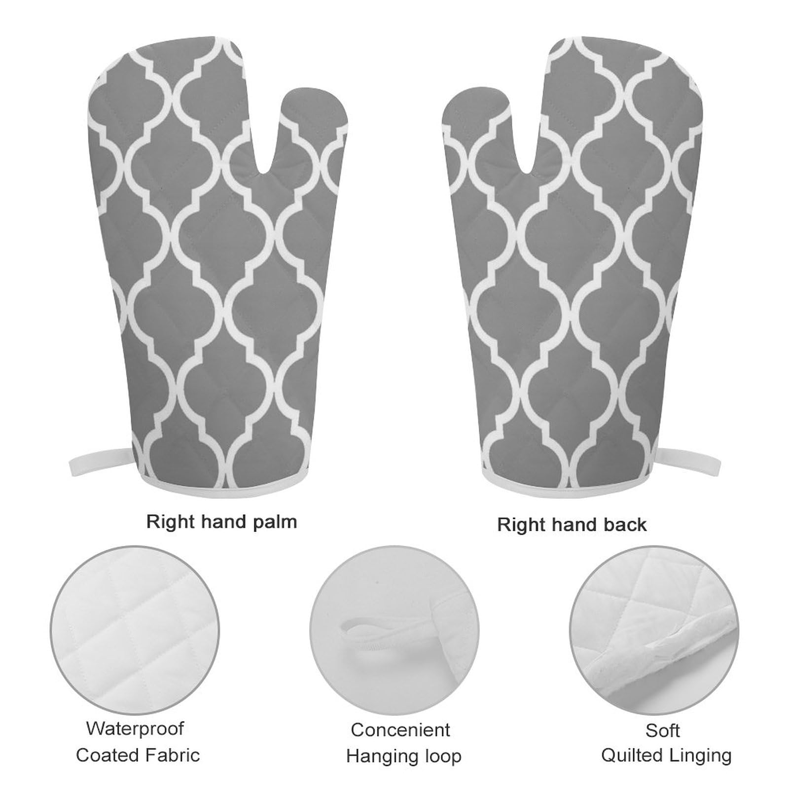 2Pcs Oven Mitts and Pot Holders Set, Classic Quatrefoil Pattern Grey and White Oven Mitts Gloves Set Heat Resistant Hot Pads for Kitchen Cooking Grill