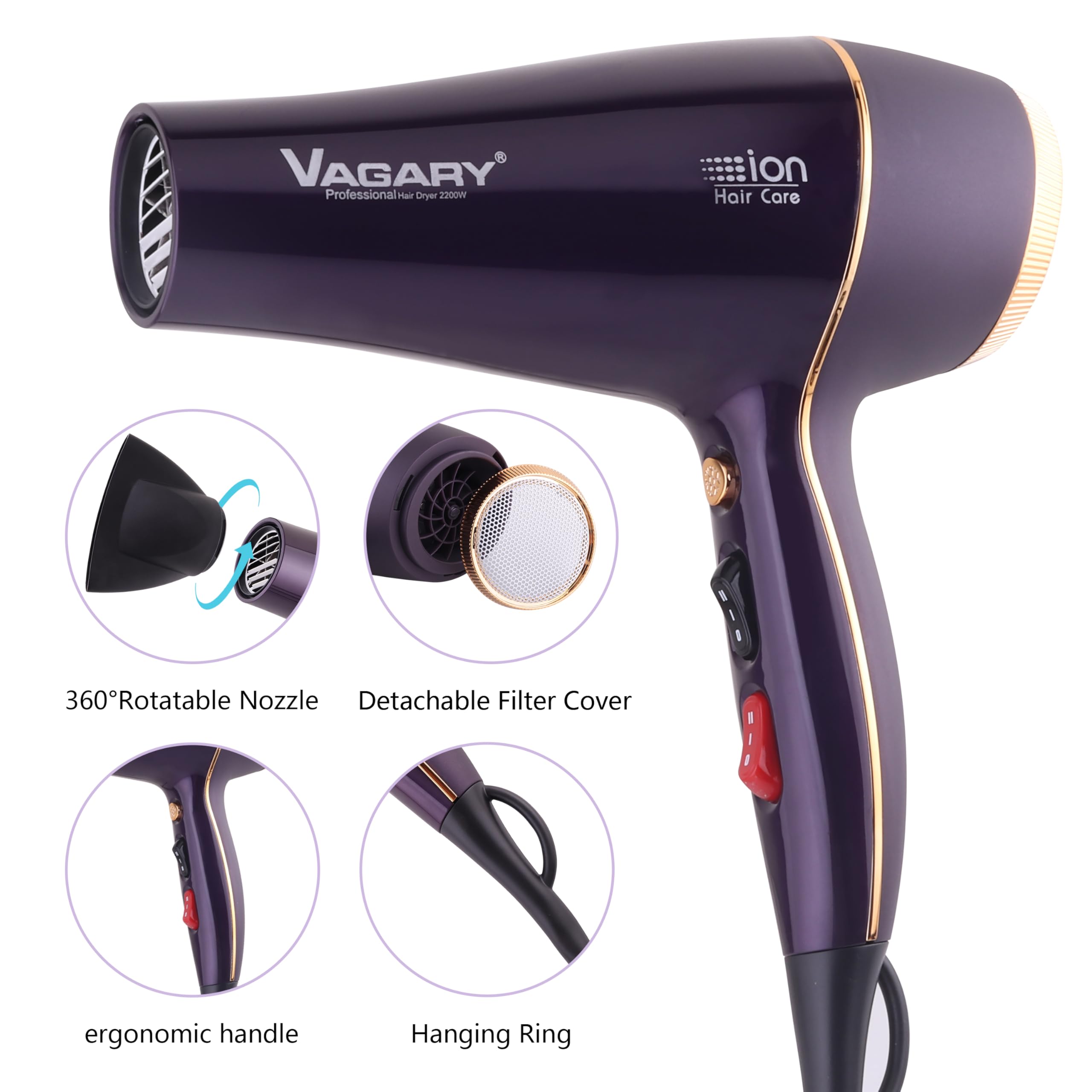 VAGARY 6690A Salon Pro Hair Dryer for Women,2200w Powerful AC Motor Fast Drying, Ionic Blow Dryer for Thick Hair,2 Speeds and 2 Heat Settings 1 Cool Shot Button(1 Diffuser and 1Concentrator)