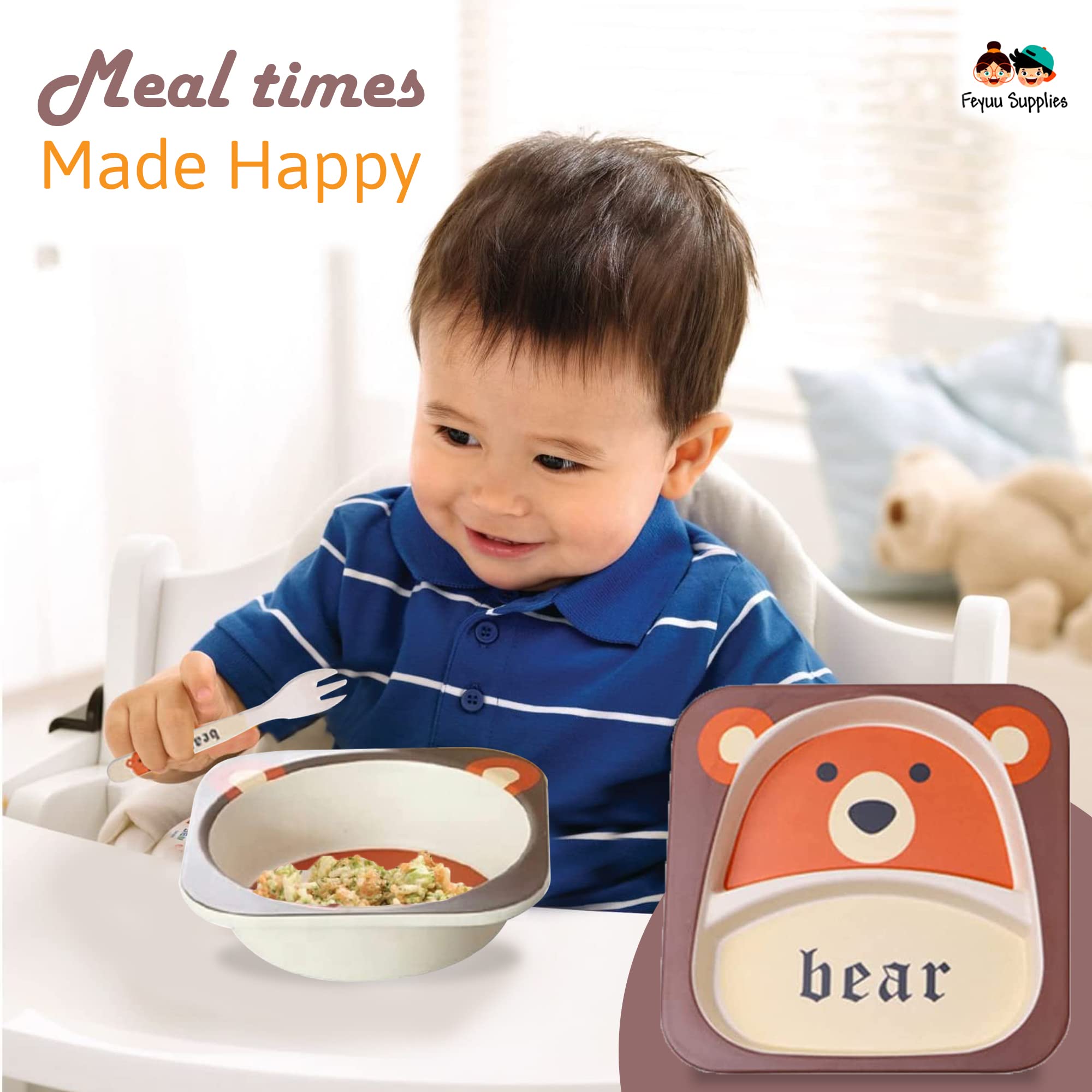 5 Piece Eco-Friendly Mealtime Bamboo Dinnerware for Kids, Toddler, Plate and Bowl Set, Spill Proof Divided Plate Eco Friendly and Dishwasher Safe (Bear)