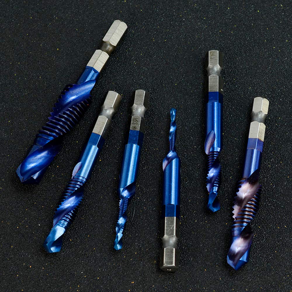 6 Packs Combination Drill & Taps Bit Set, Screw Tapping in 6 Sizes Metric Thread M3 M4 M5 M6 M8 M10 with Nano Blue Coating, Hex Shank