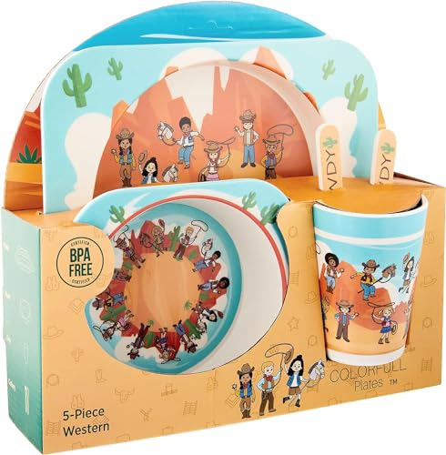 5 Piece Kids Dinnerware Set, Western Cowboys Themed Kids Utensils Set, Bamboo Fiber Plate, Bowl & Cup, Lightweight & Shatterproof Toddler Feeding Set, Children Safe Kitchen Set, Fun Toddler Utensils