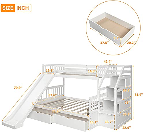 ATH-S Twin Over Full Bunk Bed with Slide, Twin Over Full Bunk Bed with Storage Drawers and Stairscase, Wood Bunk Bed Frame with Guardrails for Kids Boys Girls Teens Adults, No Box Spring Needed, White