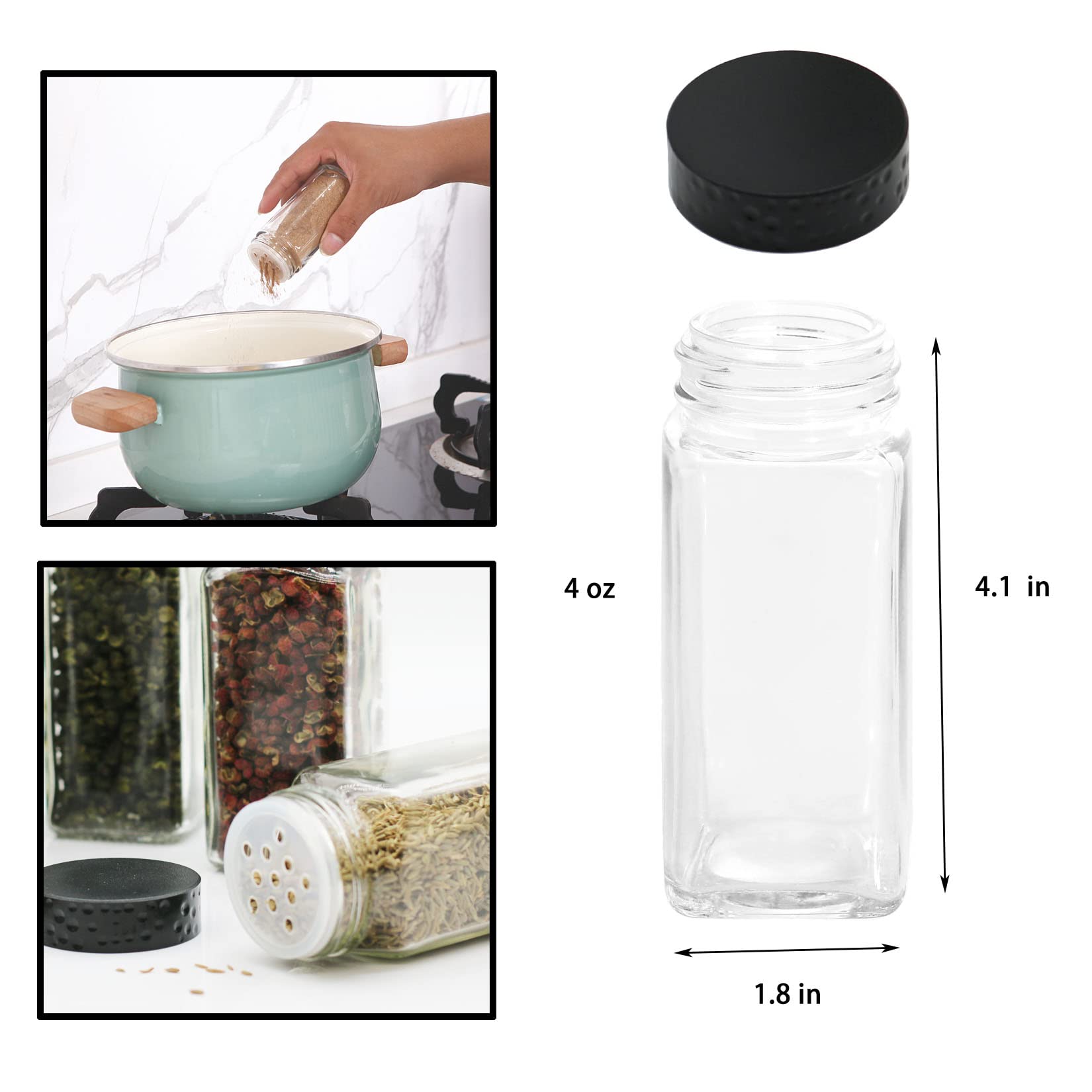 6pcs Black Spice Jars, 4 oz Glass Seasoning Bottles, Spices Container, Empty Spice Jars , Square Spice Bottles with Airtight Plastic Caps with Shaker Lids