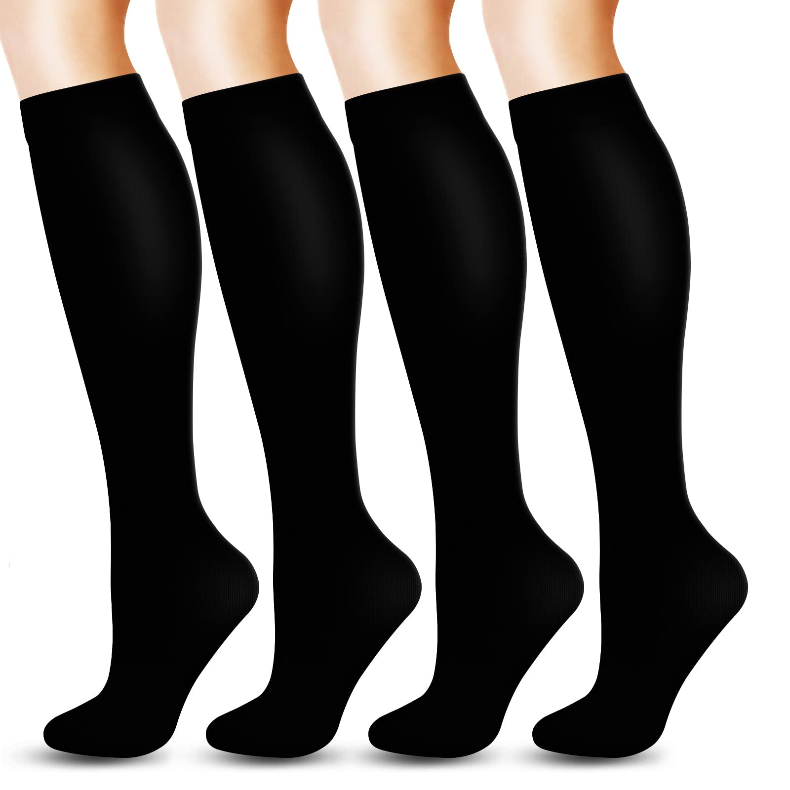 4 Pairs Compression Socks for Women & Men, Circulation 15-20 mmHg - Knee High Copper Compression Socks for Running, Cycling, Medical, Athletic Nurse, Best Support for Pain Relief (L/XL)