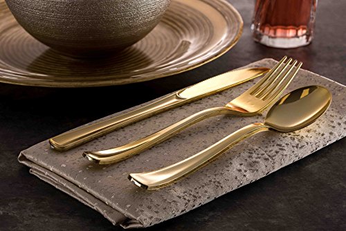 300 Gold Disposable Plastic Flatware Set - 100 Forks, 100 Spoons, 100 Knives - Heavy Duty Silverware for Party Bulk