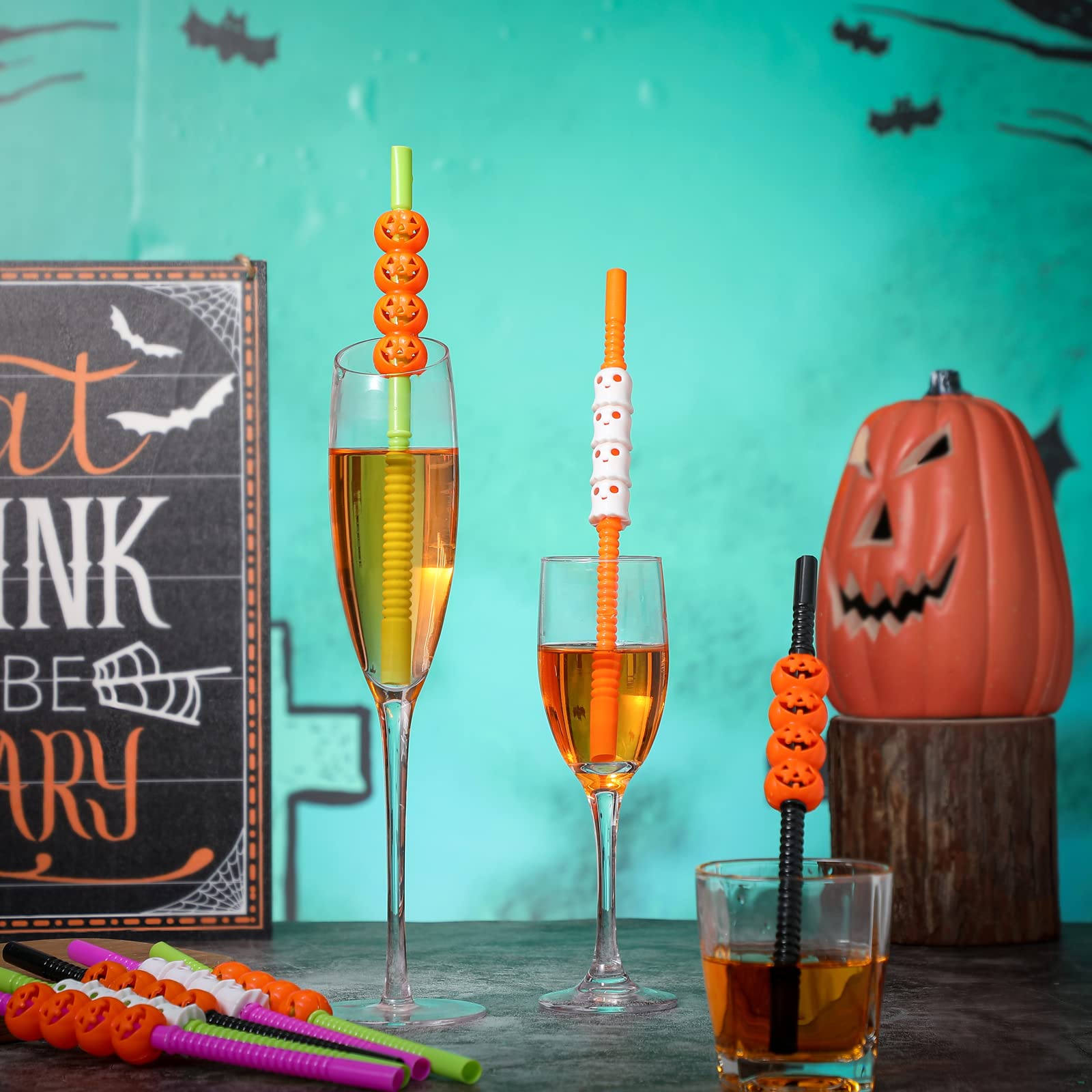 28 Pcs Halloween Straws Plastic Party Straws Include Pumpkin Ghost Reusable Drinking Straws Halloween Party Decoration for Kids Halloween Party Supply