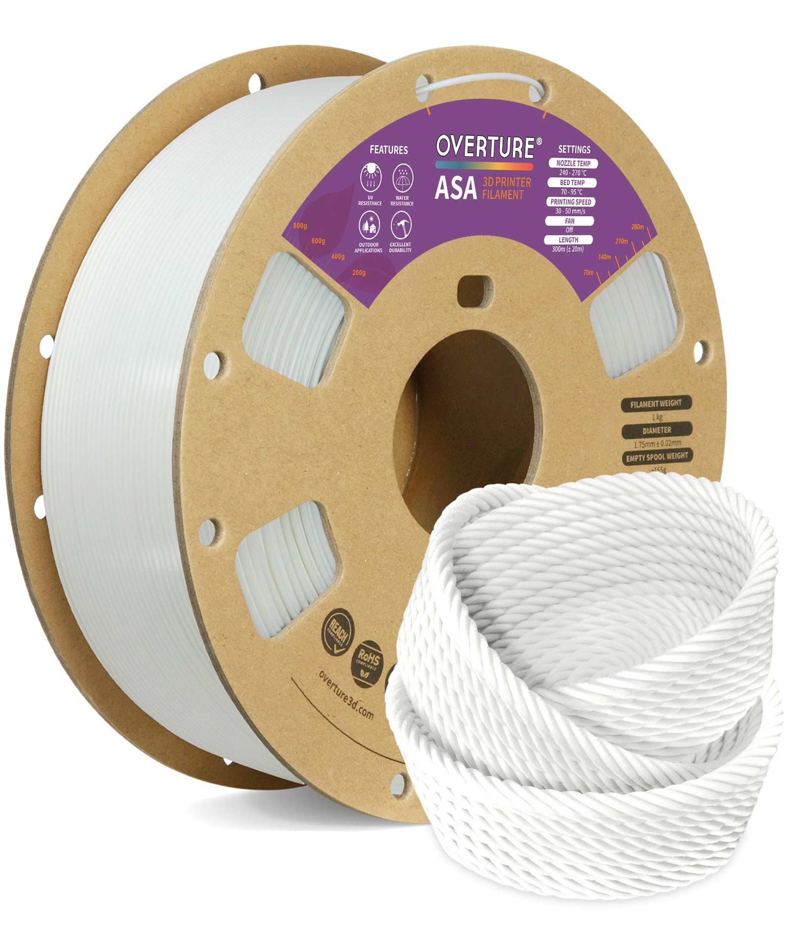 OVERTURE ASA Filament 1.75mm, 1kg Spool (2.2lbs) 3D Printer Filament, Premium Anti-UV, ASA Filament Perfect for Printing Outdoor Functional Parts, Dimensional Accuracy +/- 0.02 mm (White)