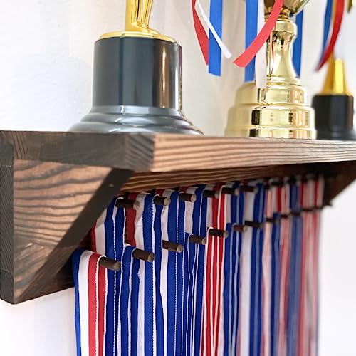 Athwana Premium Wooden Medal Display with Reinforced Shelf & Wooden Hooks I Easy Install I More Hooks & Extra Wide Shelf