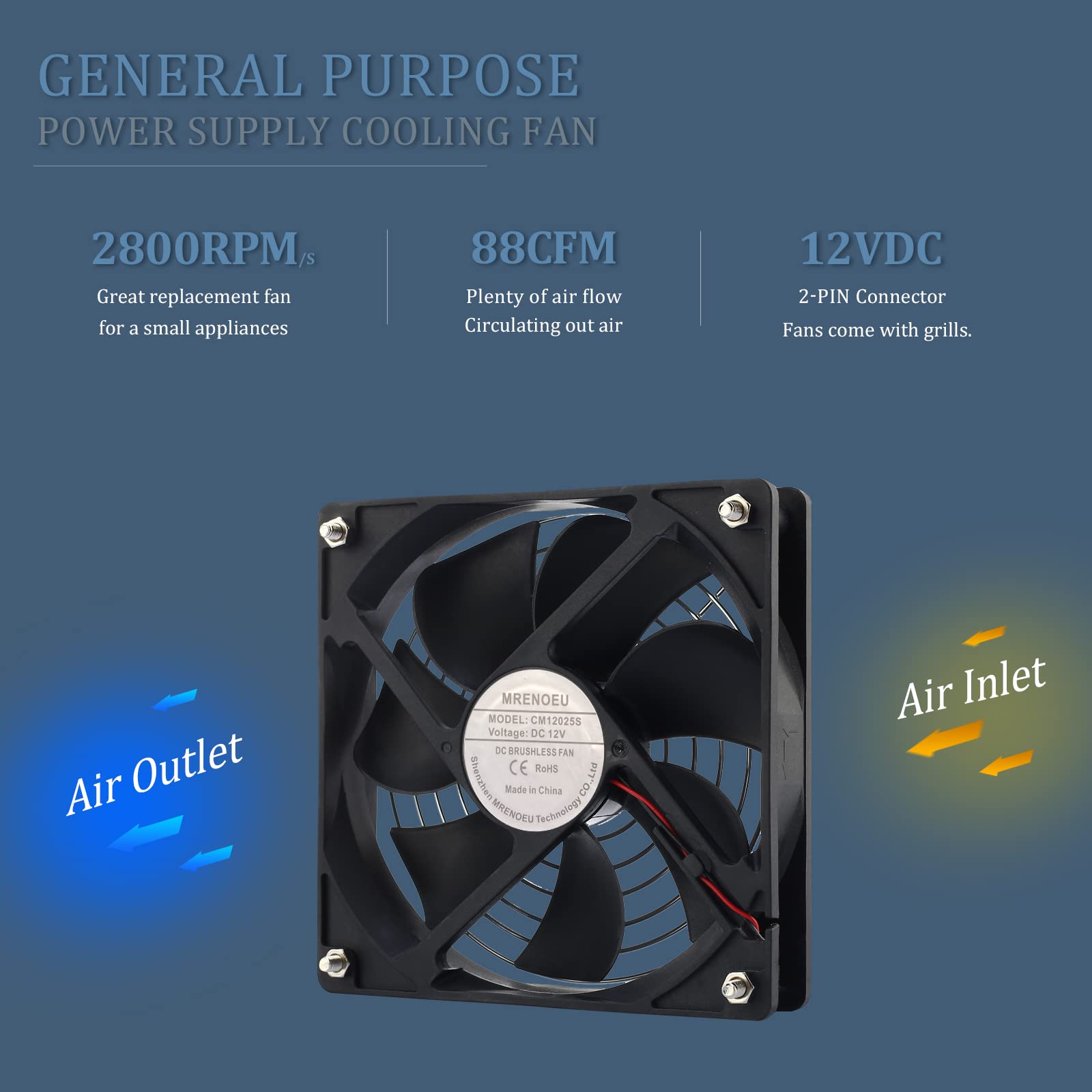 2PCS 120mm x 25mm 12v DC Fan Computer Fan 2800RPM, High Airflow Ventilation Cooling Exhaust Fan
