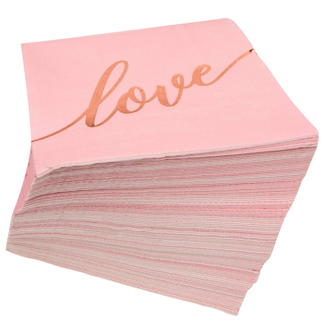 Andaz Press Pink with Rose Gold Scripted Love Saying Cocktail Napkins, Bulk 100-Pack Count 3-Ply Disposable Fun Beverage Napkins for Wedding, Bridal Shower, Bachelorette, Baby Shower, Valentine's Day