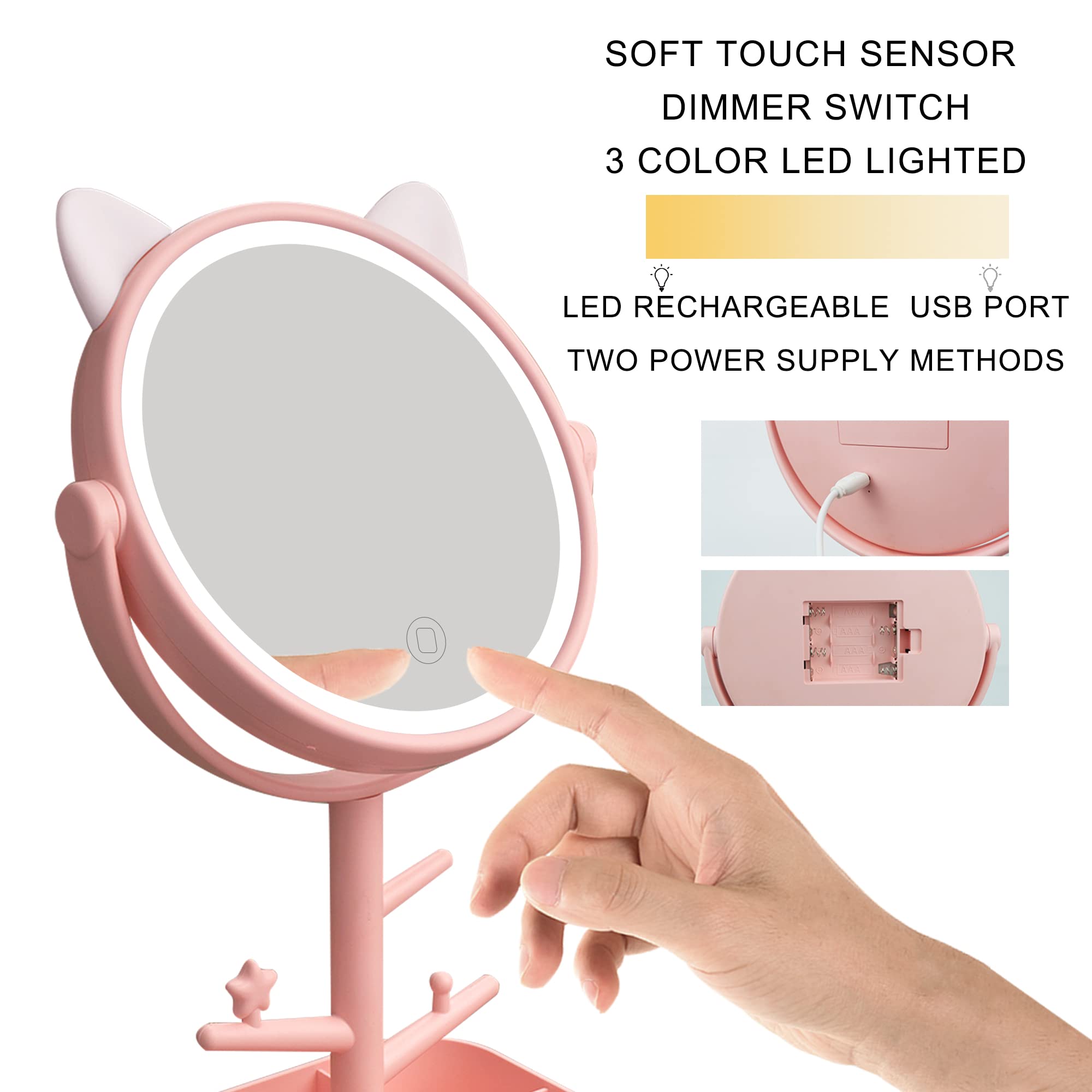 Nonebranded Vanity Mirror with Lights & Desk Mirror Lights Touch-Screen Light Control Portable High Definition Cosmetic Lighted Up Mirror with USB Port in 360 Degree Rotation(Pink)