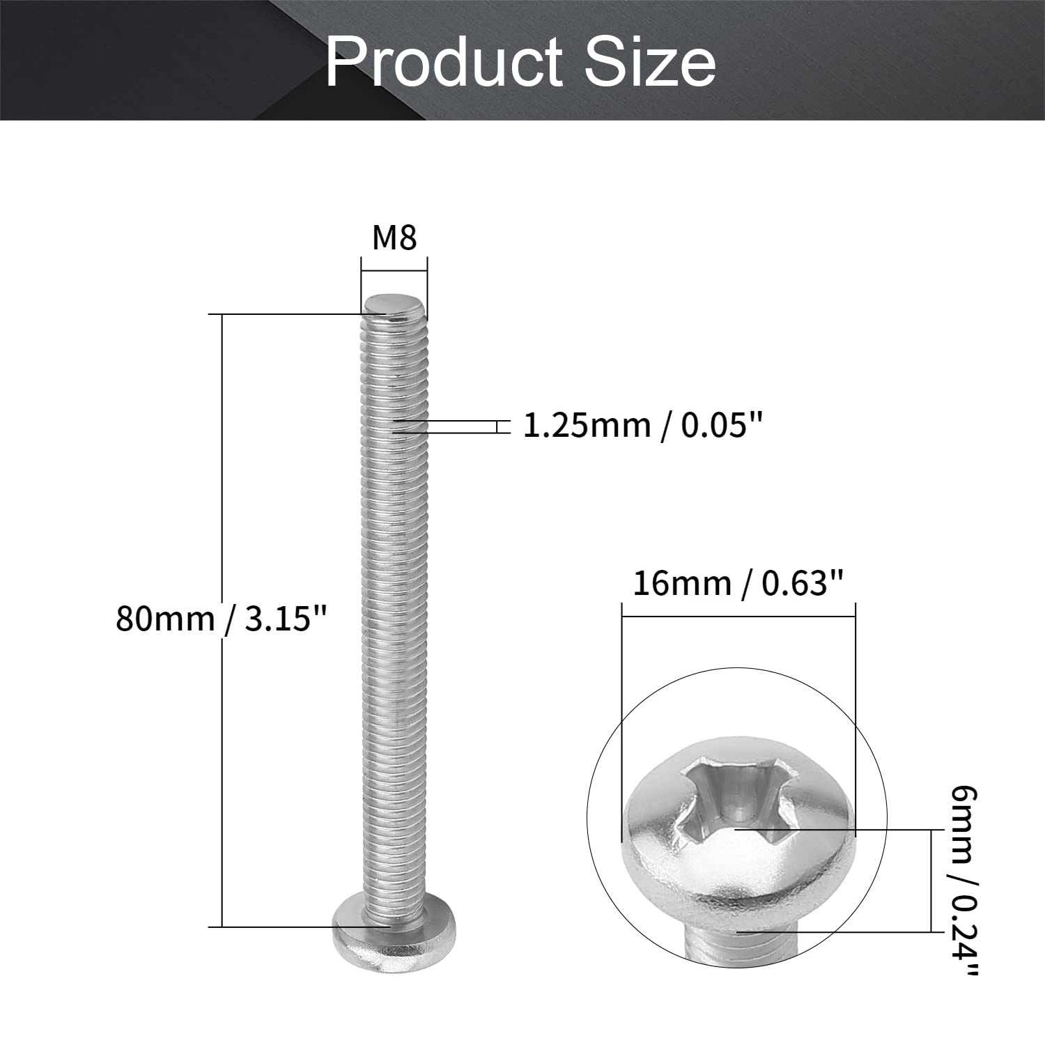 MroMax 3Pcs M8 x 80mm Pan Head Phillips Machine Screws, 304 Stainless Steel 18-8, Fully Thread, Metric Silver Gray Cross Head Screws Bolts