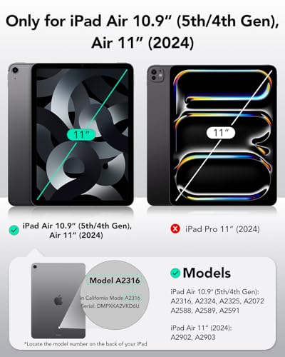 ESR for iPad Air 11 Inch Case M2 2024, iPad Air 6th/5th/4th Gen(2024/2022/2020) with Pencil Holder, Trifold Stand Case for iPad Air 5/4 with Flexible Back, Auto Sleep and Wake, Rebound Series, Black