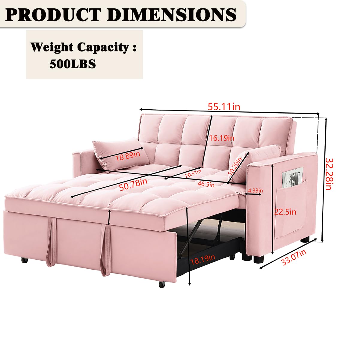 3 in 1 Convertible Velvet Loveseat Futon Couch Bed for Small Spaces - Pull Out Sofa Bed, Adjustable Backrest, Lumbar Pillows (Pink)