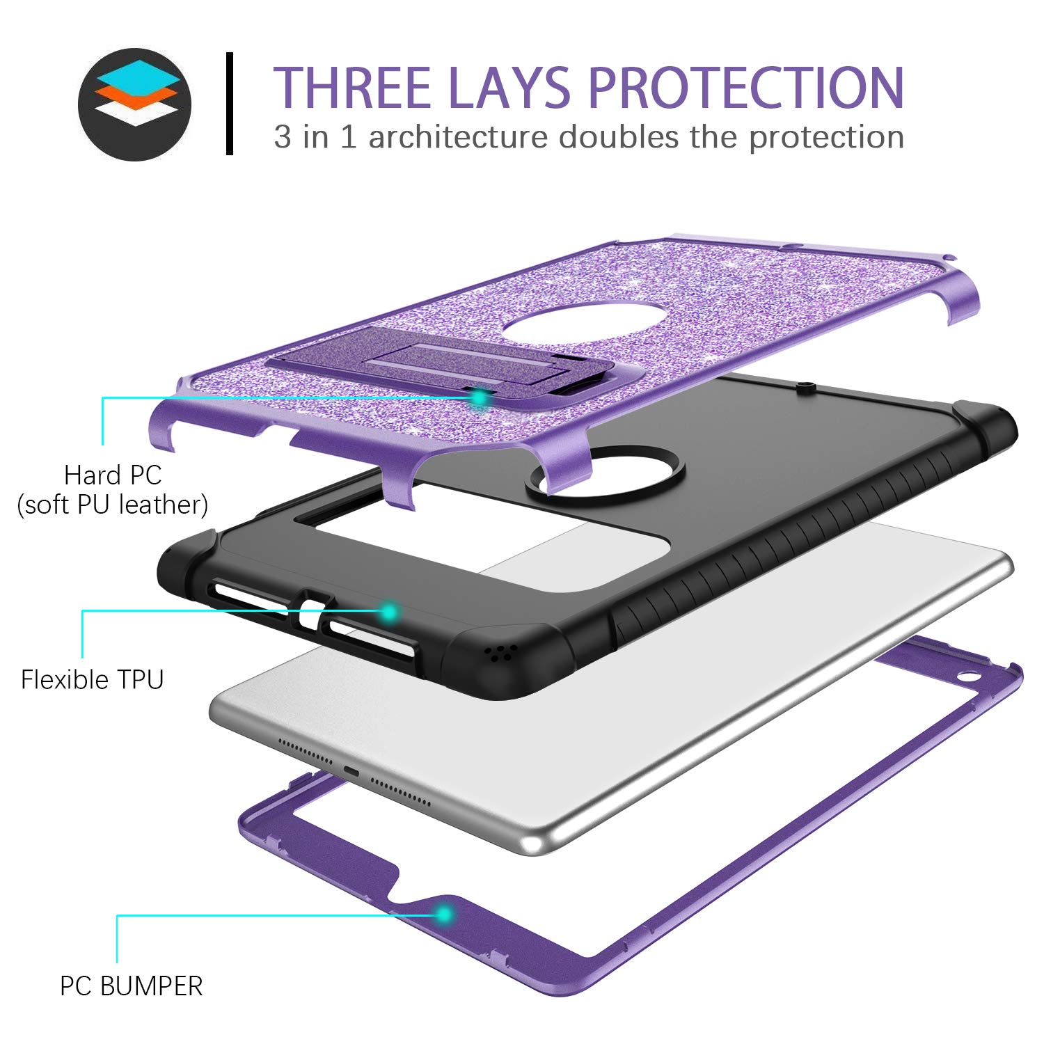 DUEDUE for iPad 9.7 Case 2017/2018, iPad Air 2 Case, iPad 6th/5th Generation Case with Kickstand Glitter Bling 3 in 1 Heavy Duty Hard PC Cover Shockproof Protective Case for iPad Pro 9.7, Purple