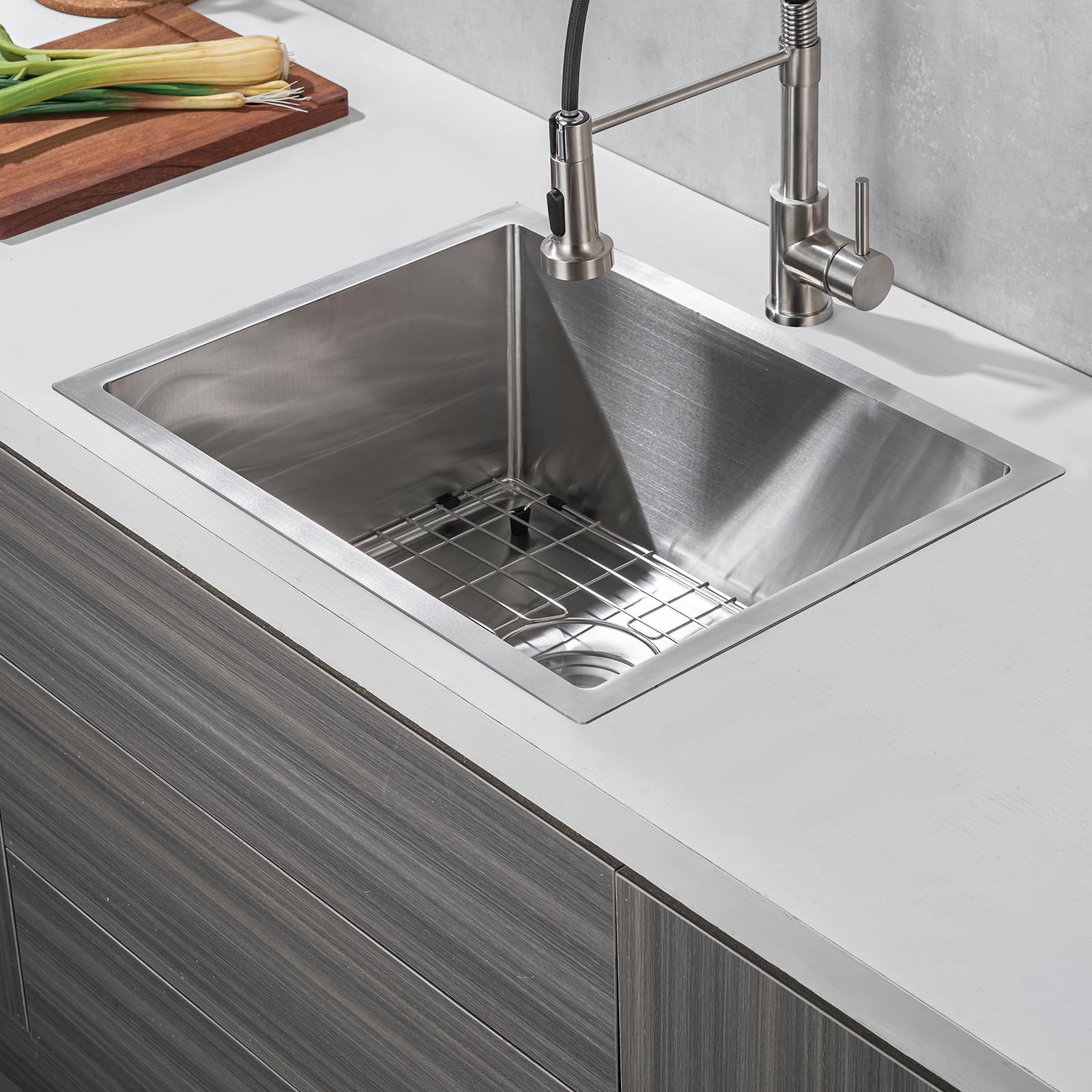 30in Drop-in Kitchen Sink Undermount Countertop Stainless Steel Single Bowl Kitchen Sinks with Bottom Grid and Basket Strainer Drain High-End Handmade Bar Sink