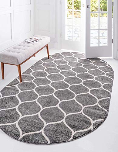 Unique Loom Trellis Frieze Collection Area Rug - Rounded (5' x 8' Oval, Dark Gray/ Ivory)