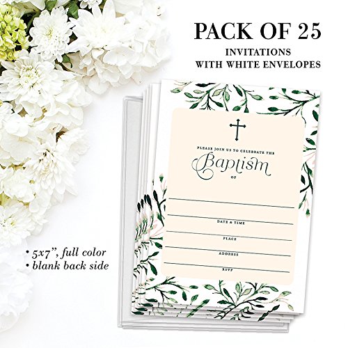 DB Party Studio Baptism Invitations ( 25 ) & Matching Thank You Cards ( 25 ) Set with Envelopes, Pretty Delicate Leaf Design 5 x 7" Fill-in Invites & Folded Thanks Notes Baby Infant Christening Pair