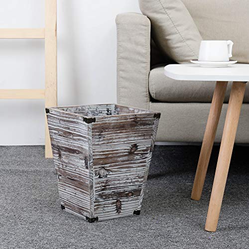 Liry Products Rustic Torched Wood Square Waste Basket Farmhouse Style Recycle Bin Trash Can Decorative Metal Brackets Whitewashed Wooden Garbage Container Ash Holder Bedroom Living Room Home Office