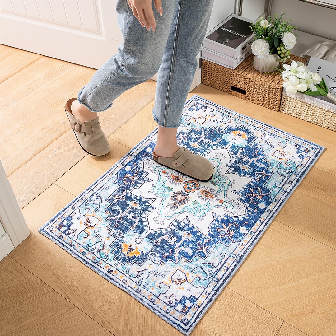 2x3 Vintage Washable Indoor Doormat: Easy Clean in Washing Machine & Vacuum - Soft Rug for Entryway Kitchen & Bathroom, Blue