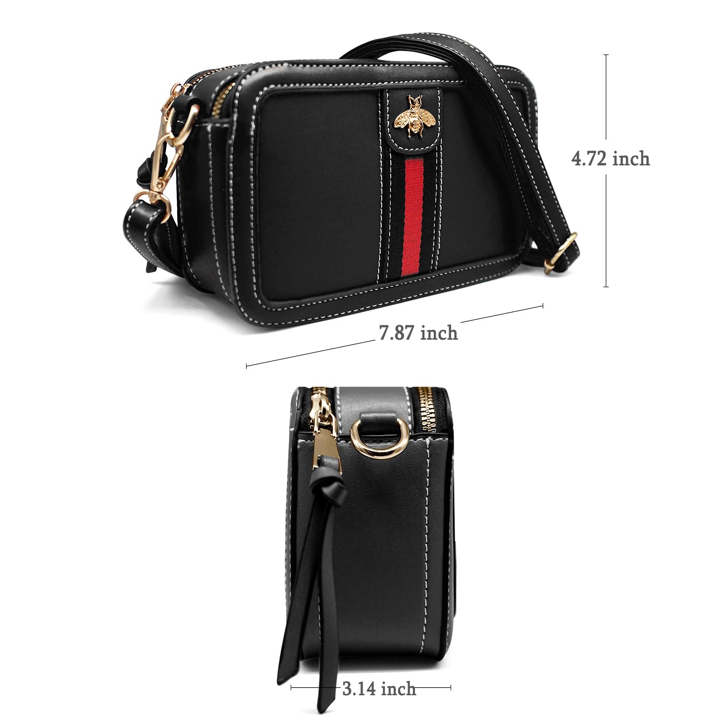 Beatfull Designer Bee Crossbody Purse for Women PU Leather Shoulder Handbag with Black-Red Strip Camera Clucth (Black)