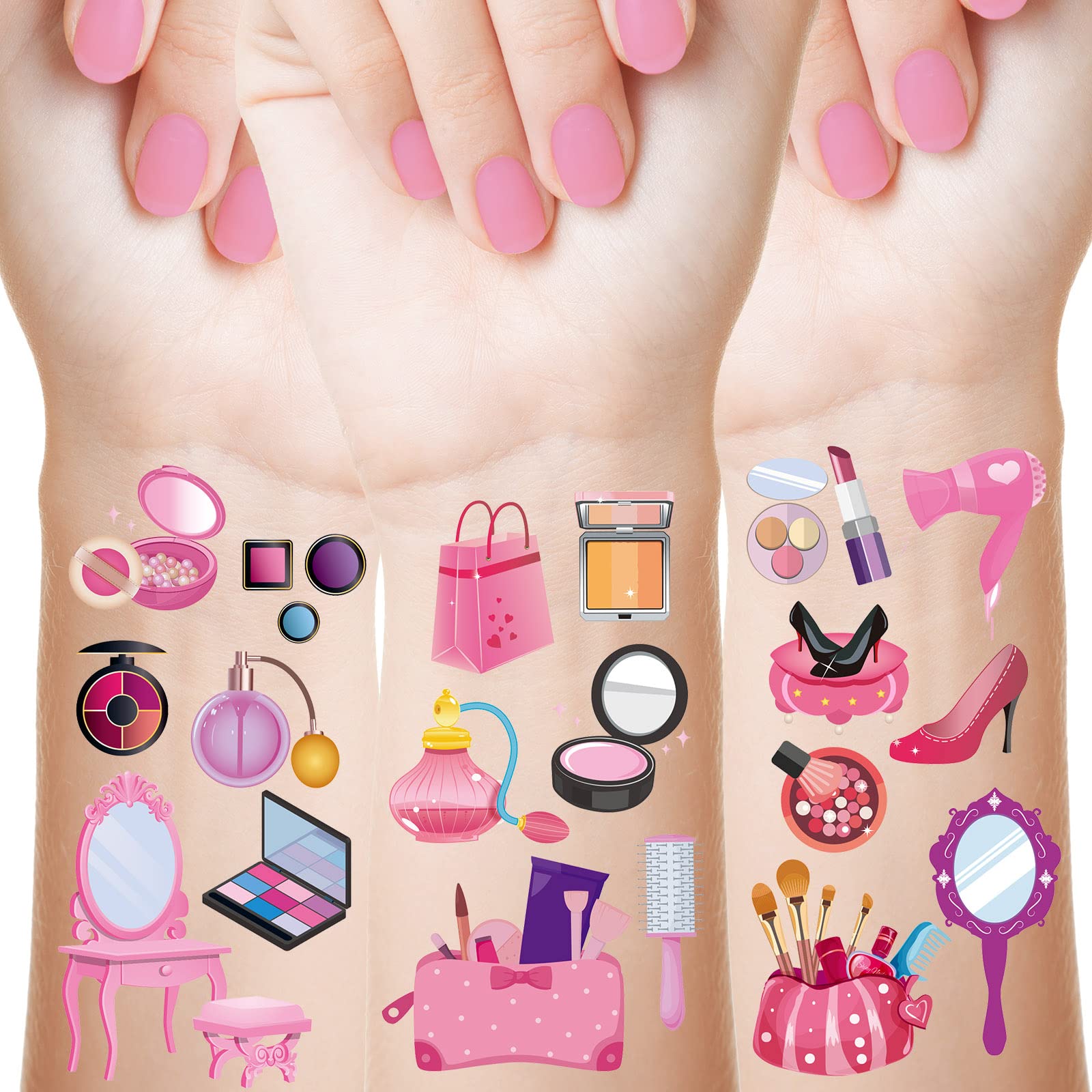 288 Pcs Spa Temporary Tattoos for Girls Pink Makeup Party Favors Spa Birthday Party Supplies Cute Fake Waterproof Tattoo Stickers Salon Party Decorations, 18 Sheets
