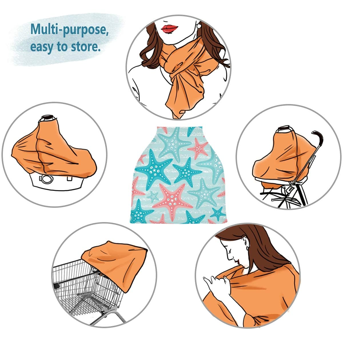 Nautical Ocean Starfish Baby Car Seat Covers, Nursing Cover Breastfeeding Scarf Soft Breathable Stretchy Coverage, Infant Stroller Cover for Boys Girls