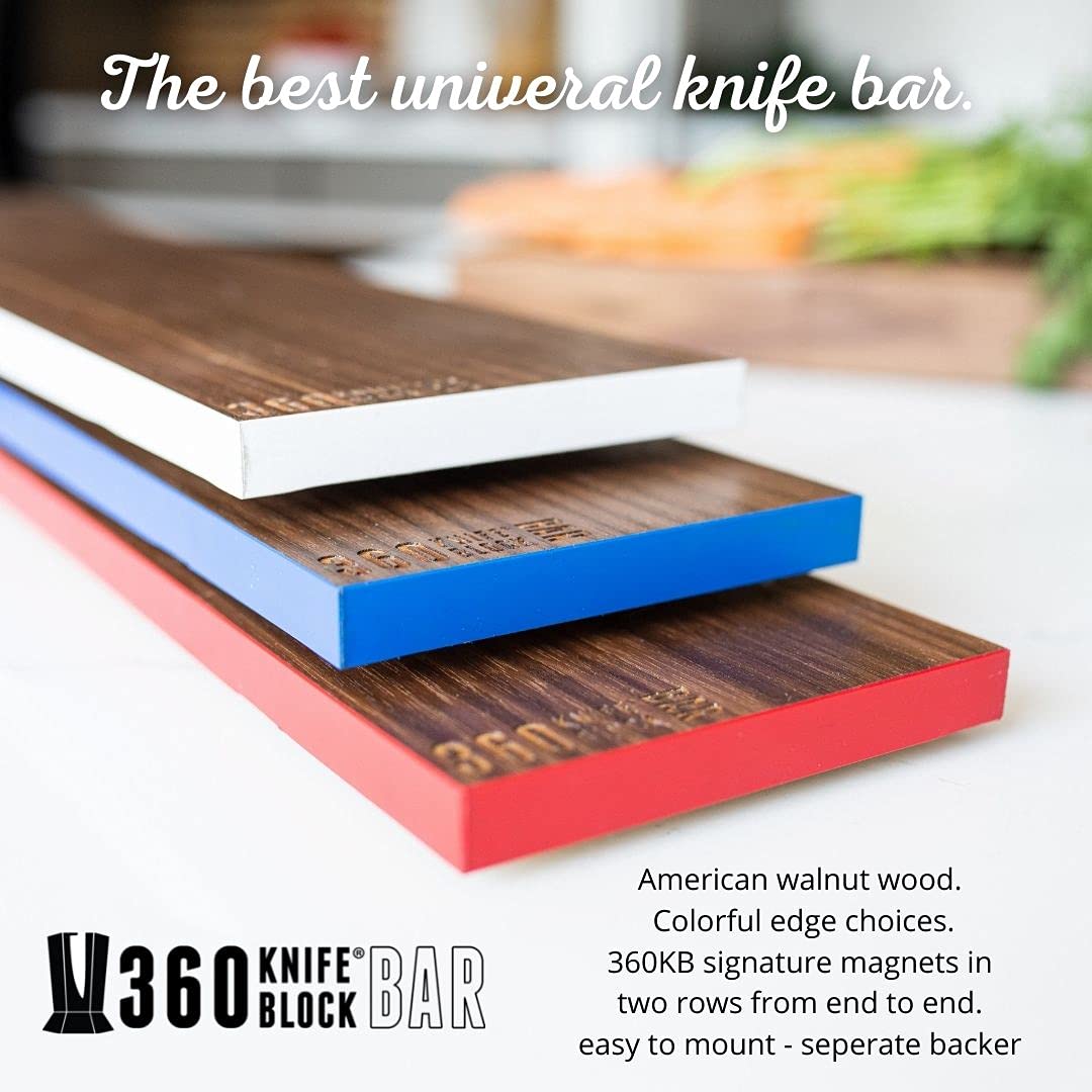 360KnifeBlock BAR - (walnut & blue) 4”x16” wall mount knife BAR - integrated level, steel clips, 2” screws