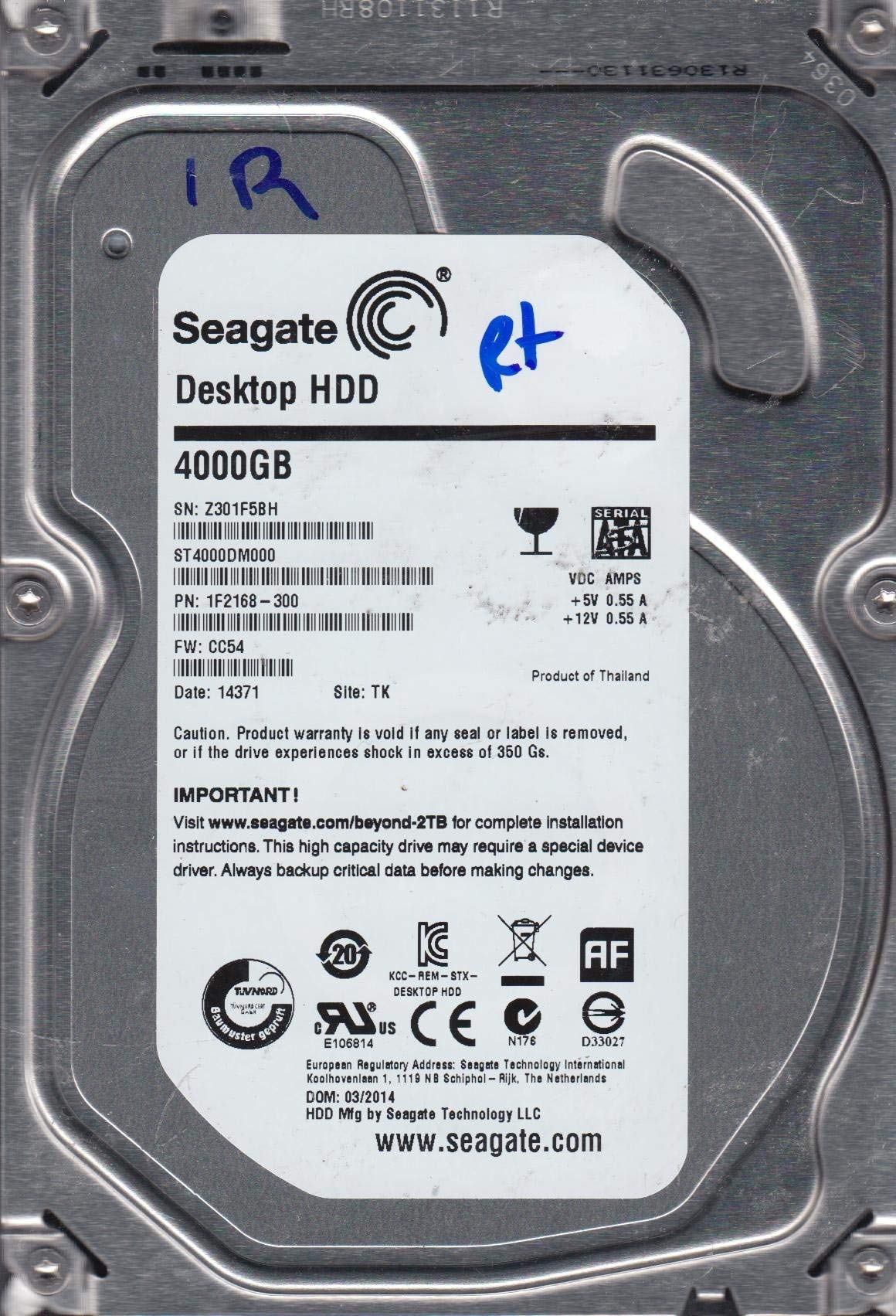 ST4000DM000, Z30, TK, PN 1F2168-300, FW CC54, Seagate 4TB SATA 3.5 Hard Drive (Renewed)
