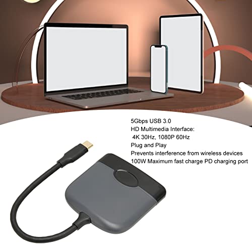 3 in 1 USB C Hub, Plug and Play ABS PC USB C to HD 3 in 1 5 Gbps USB 3.0 Multimedia Keyboard Interface Adapter Gray Black