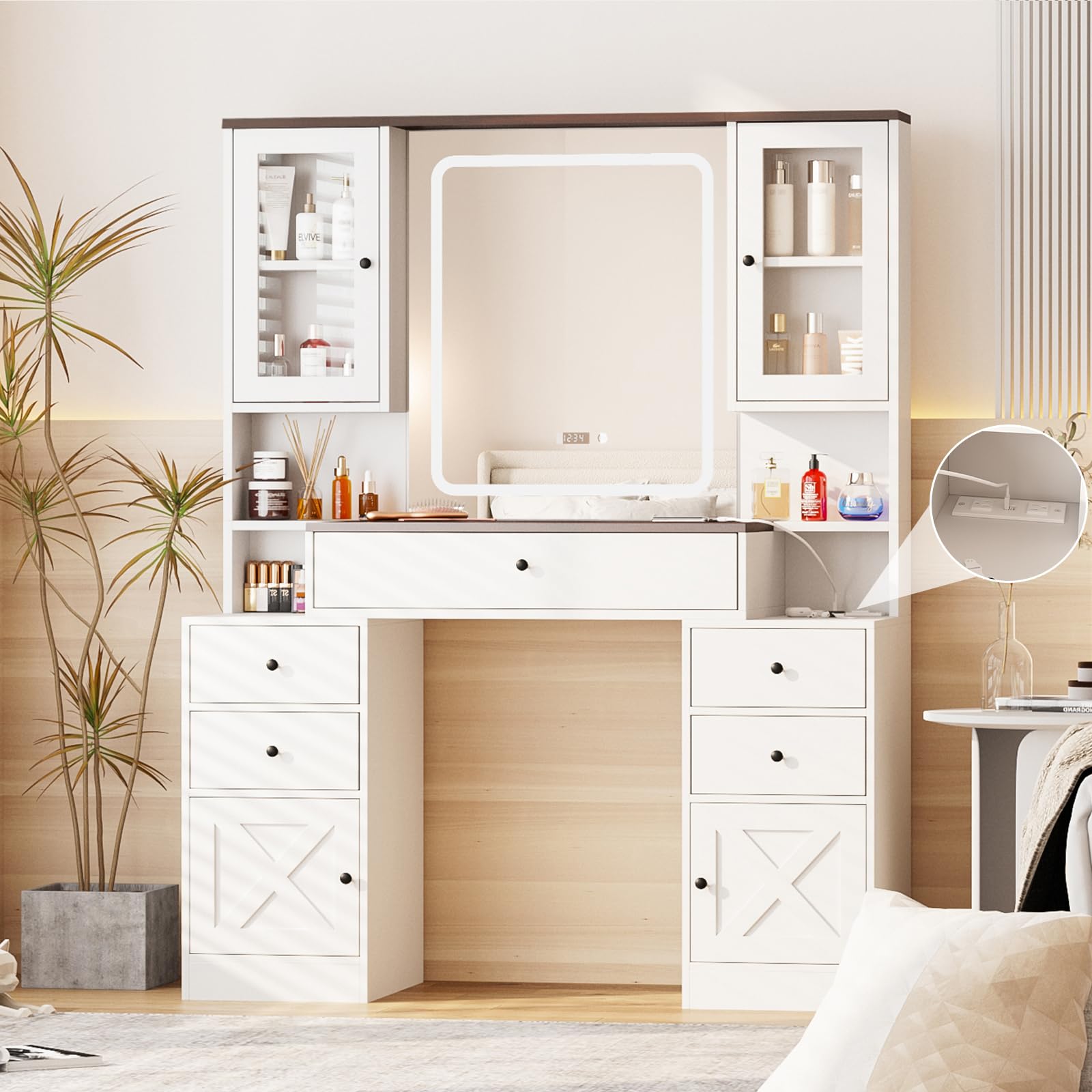 Vanity Desk with Mirror and Lights,White Makeup Vanity Table with Power Strip & LED Lighted Mirror,43in Large Makeup Desk with 5 Drawers,4 Cabinets and Lots Storage,3 Lighting Modes,White+Brown