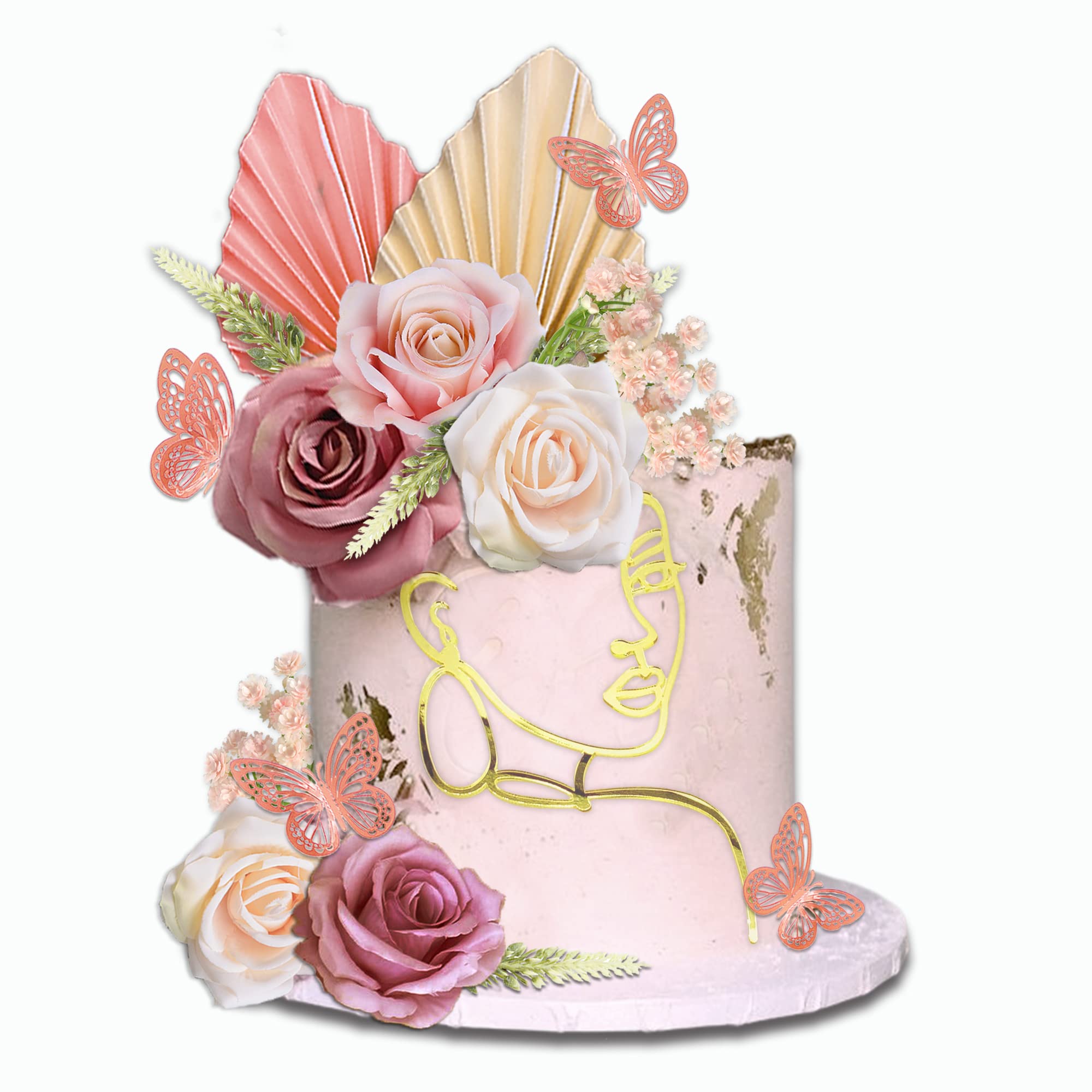 26pcs Flower Boho Cake Toppers Butterfly Cake Décor Acrylic Minimalist Art Lady Face Cake Toppers with Palm Leaves Artificial Vintage Purple Pink Flowers for Women Birthday Wedding Party Supplies