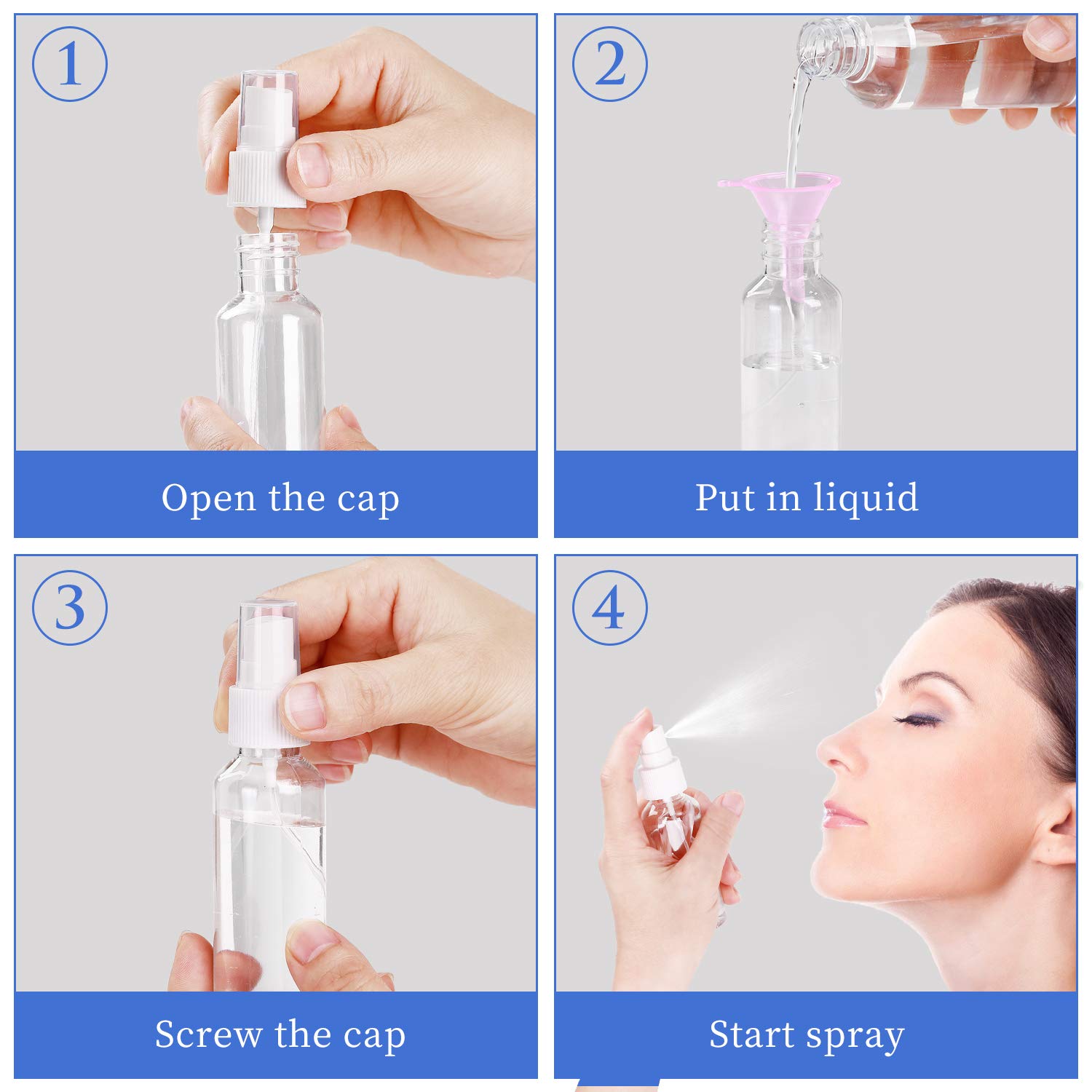 24 Pcs Spray Bottles 2oz / 55ml Clear Empty Mini Spray Bottles Refillable Container Pocket Size Sprayer Set Essential Oils Travel Cleaning Makeup Bottles with 2pcs Funnels 32pcs Labels