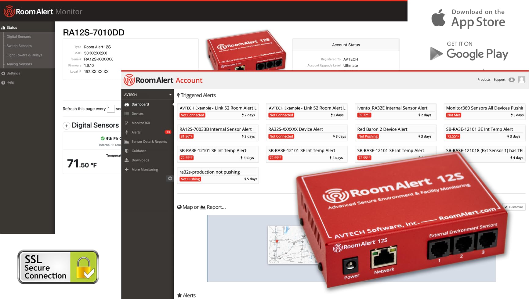 Room Alert 12S Advanced Proactive Environment Monitor β Built-in Temperature Sensor, Supports SSL/TLS, 2048-bit Encryption, SNMP v3, 12 Sensors, 24/7 Alerting & Reporting, Made in USA