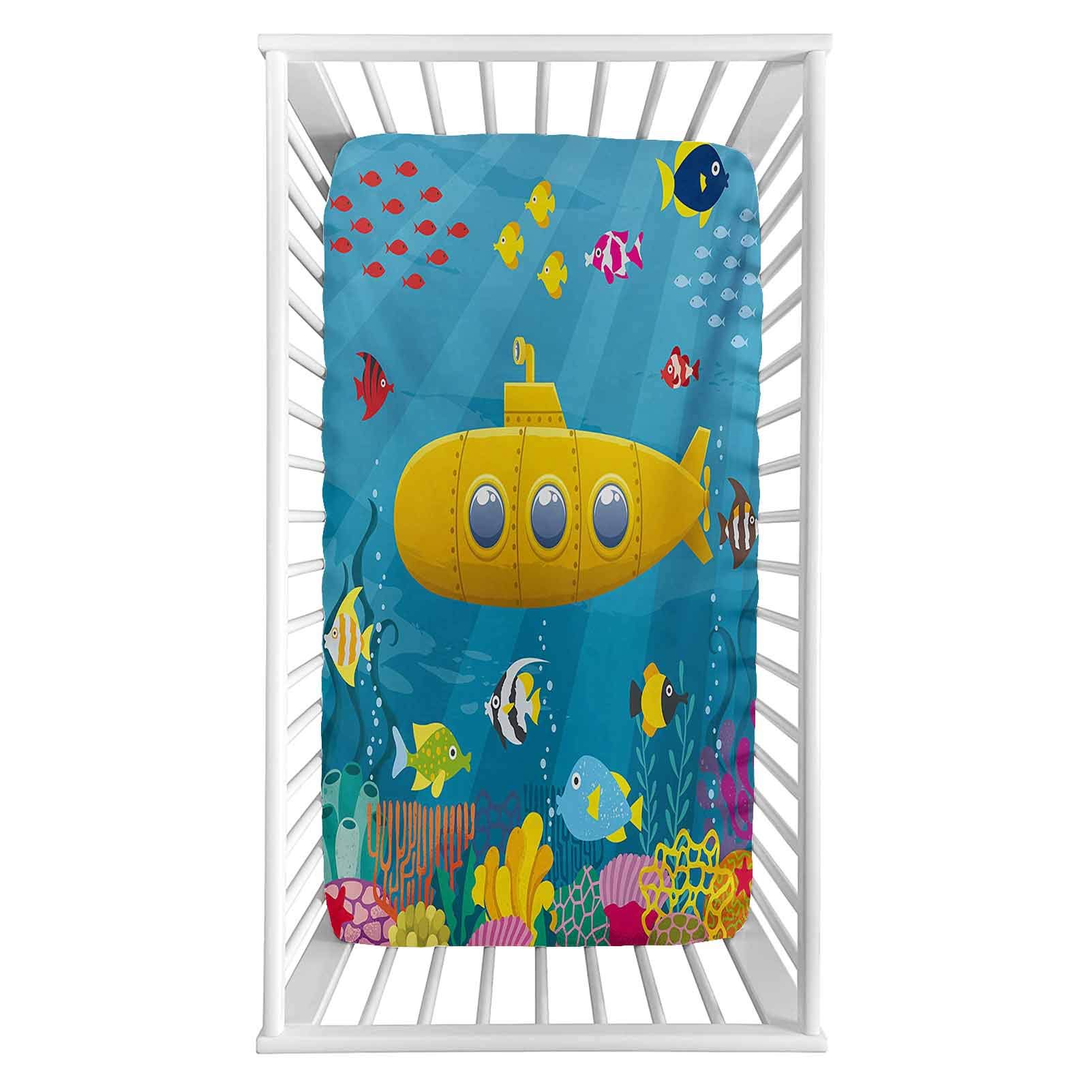 Yellow Submarine Fitted Crib Sheet,Coral Reef with Colorful Fish Ocean Life Marine Creatures Tropic Kid Microfiber Silky Soft Toddler Mattress Sheet Fitted,28"x 52"x 8'',Baby Sheet for Boys Girls