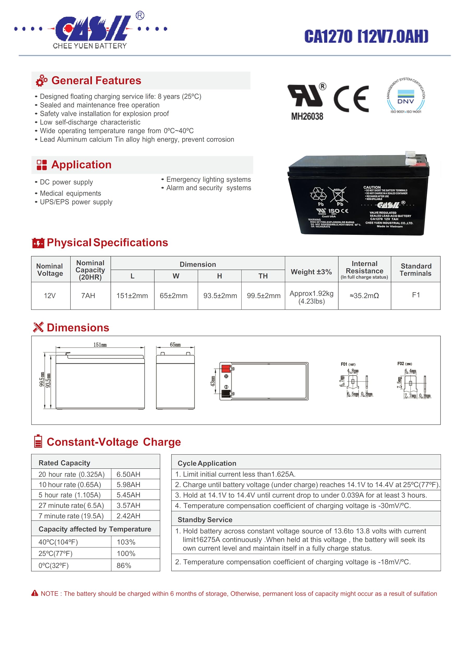 CASIL 12V 7AH CA1270 SLA Battery Replace GP1272 LC-R127R2P PX12072 WP7.2-12 Sunbright 6-FM-7.0