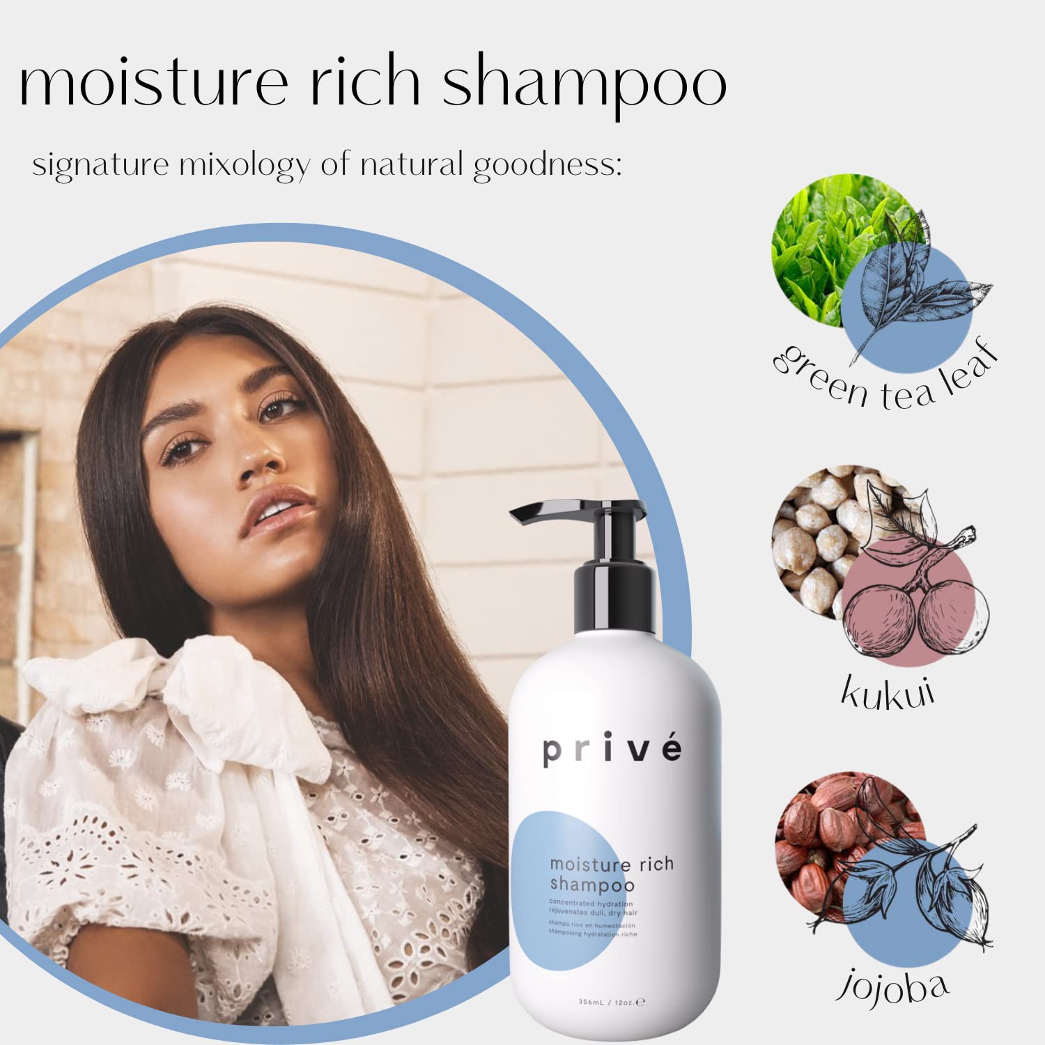 Prive Moisture Rich Shampoo - Deep Moisturizing for Dry and Lifeless Hair, 12 oz