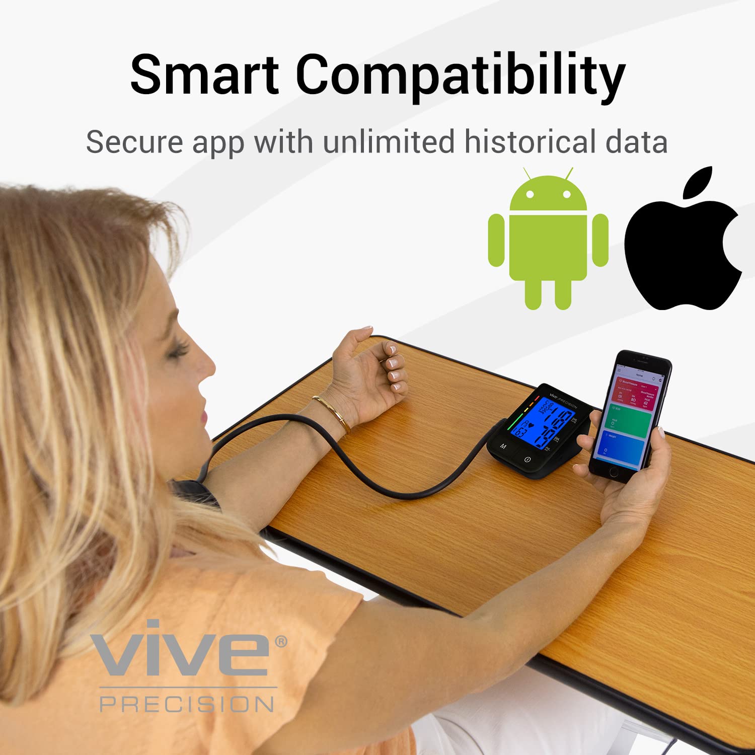 Vive Blood Pressure Machine Monitor & Cuff - Upper Arm BP Automatic Digital Bluetooth Read Out for Blood-Pressure Support System, Sphygmomanometer Heartbeat Detector, at Home High & Low Read-Out