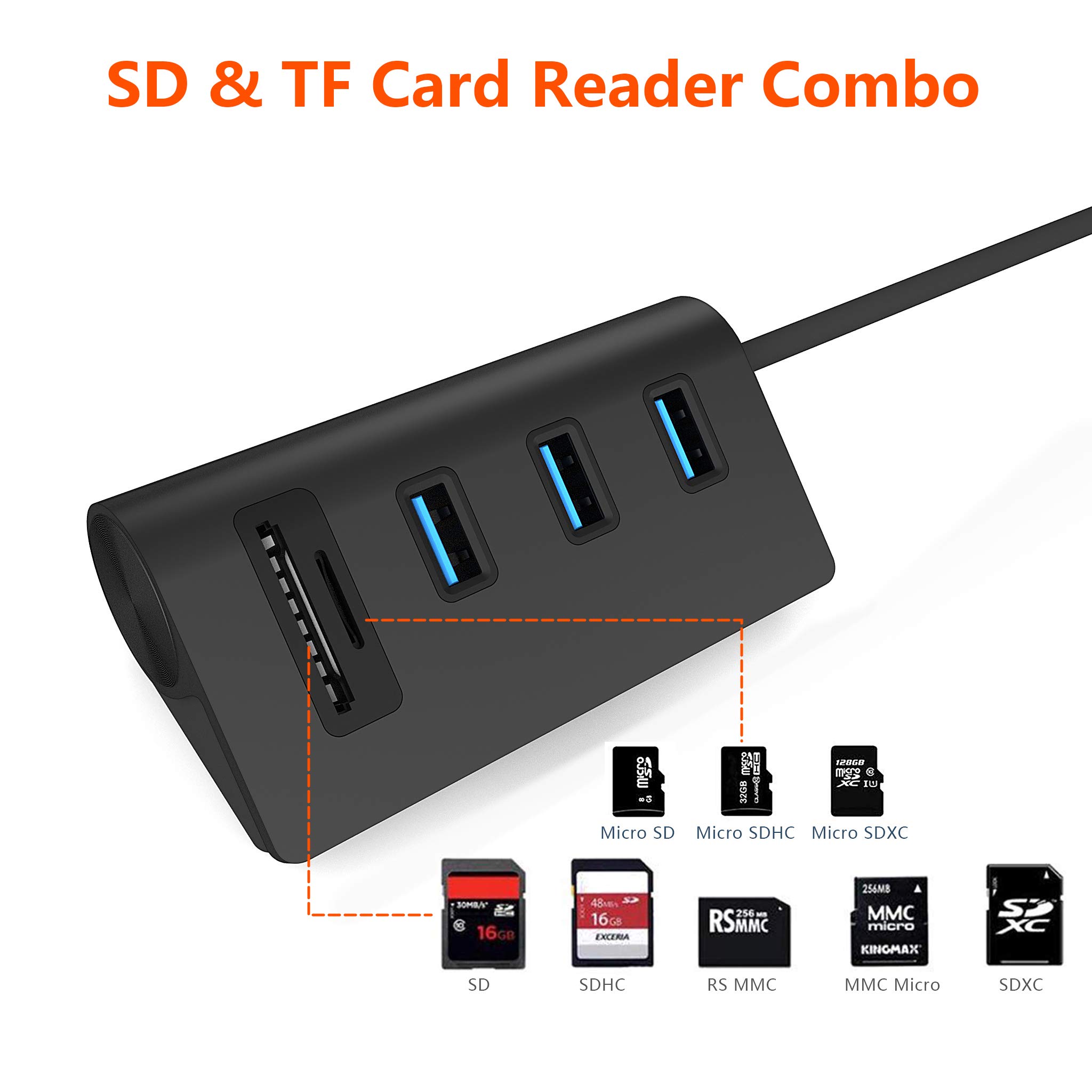 Cateck USB 3.0 HUB, Bus-Powered USB 3.0 3-Port Aluminum Hub with 2-Slots Card Reader Combo for iMac, MacBook Air, MacBook Pro, MacBook, Mac Mini, PCs and Laptops, Black