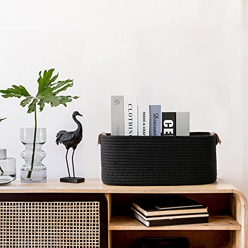 CHICVITA Rectangle Cotton Rope Woven Basket with Handles for Books, Magazines, Toys - Decorative Rectangle Basket for Baby Nursery, Living Room, Bathroom, Black