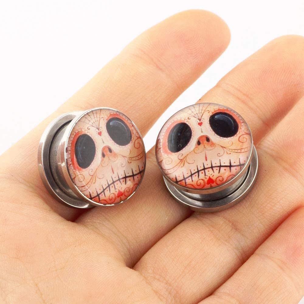 4 Pairs Surgical Steel Skull Ear Tunnels and Plugs 2g 0g 00g Earrings Gauges Expander Plugs for Ear (6mm=2g)