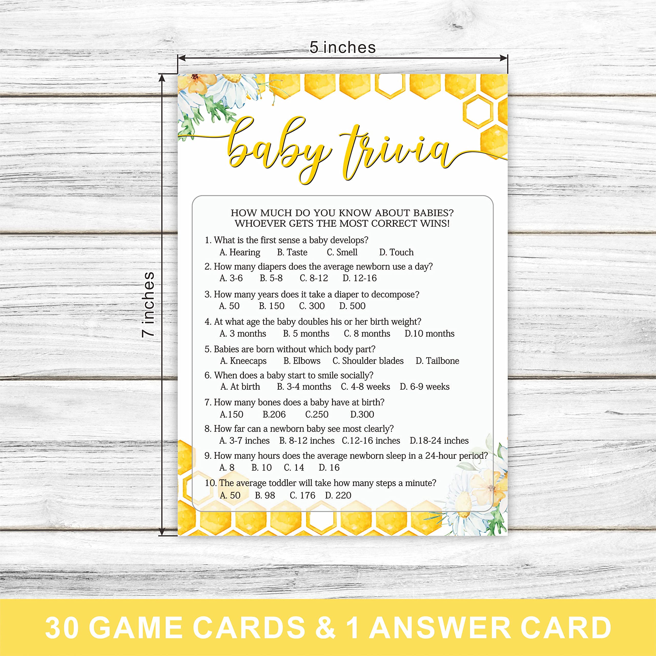 30 Honey Bee Themed Baby Shower Game Cards with an Answer Card, Baby Trivia double sided (5 X 7 inches)-(BABYYX-008)