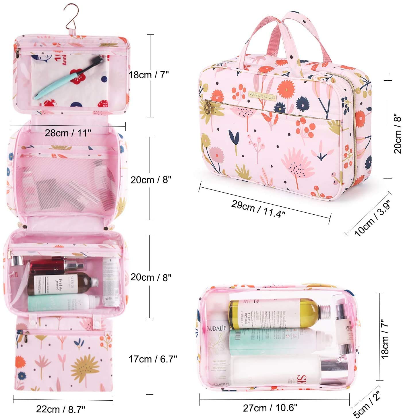 Lychii Hanging Toiletry Bag for Women, Travel Makeup Organizer Cosmetic Case for Bathroom Shower, Large - Floral Printed