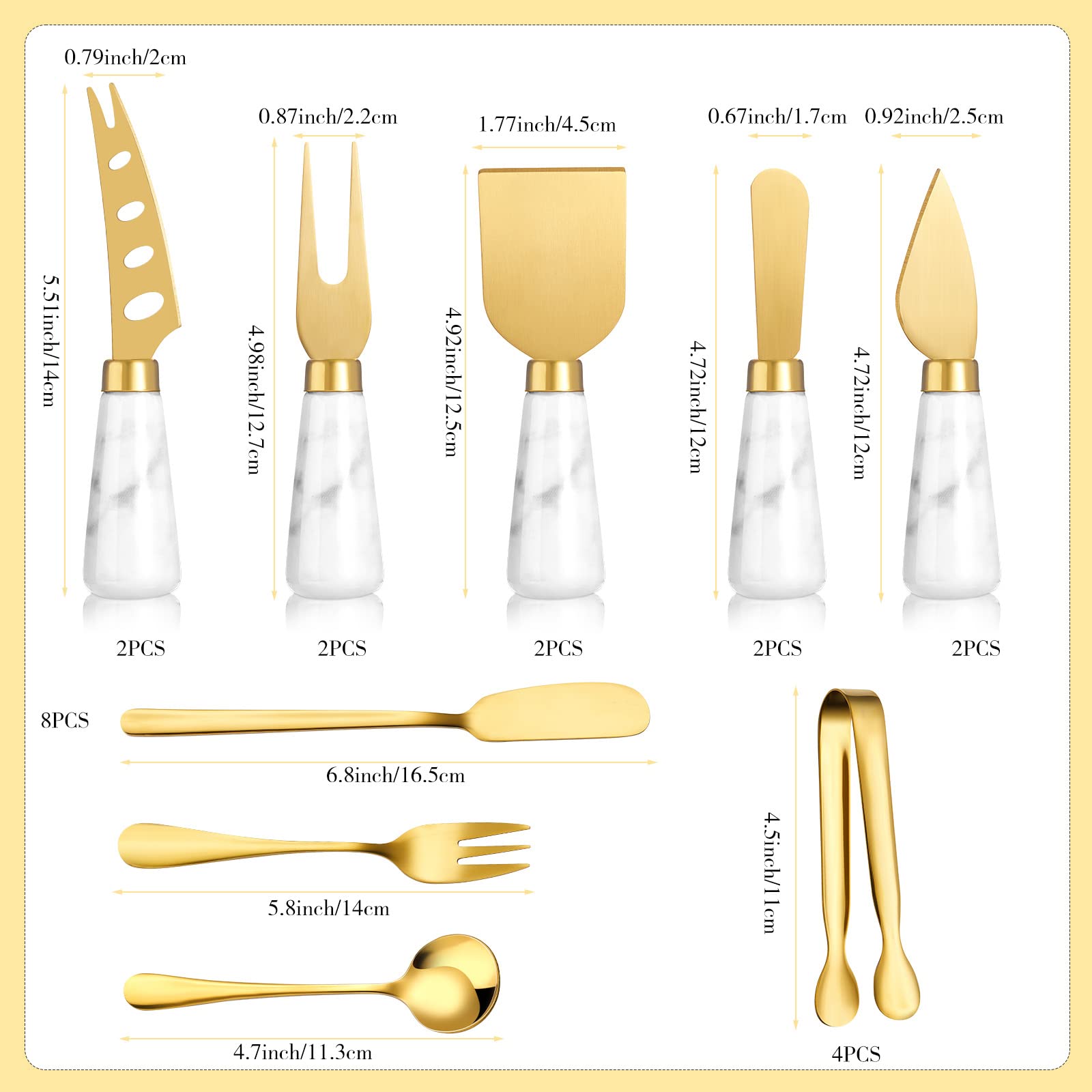 38 Pieces Gold Cheese Knife Set Marble Handle Butter Spatula Knives Cheese Spreader Cutter Cheese Shaver and Fork with Mini Serving Tongs Spoons and Fruit Forks for Charcuterie Board Accessories